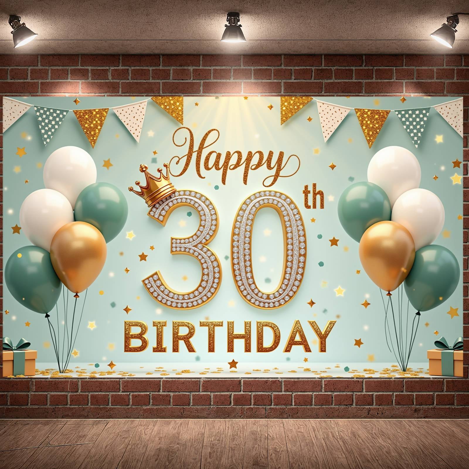 Golden Crown 30th Birthday Banner Green White Balloons Display Star ...
