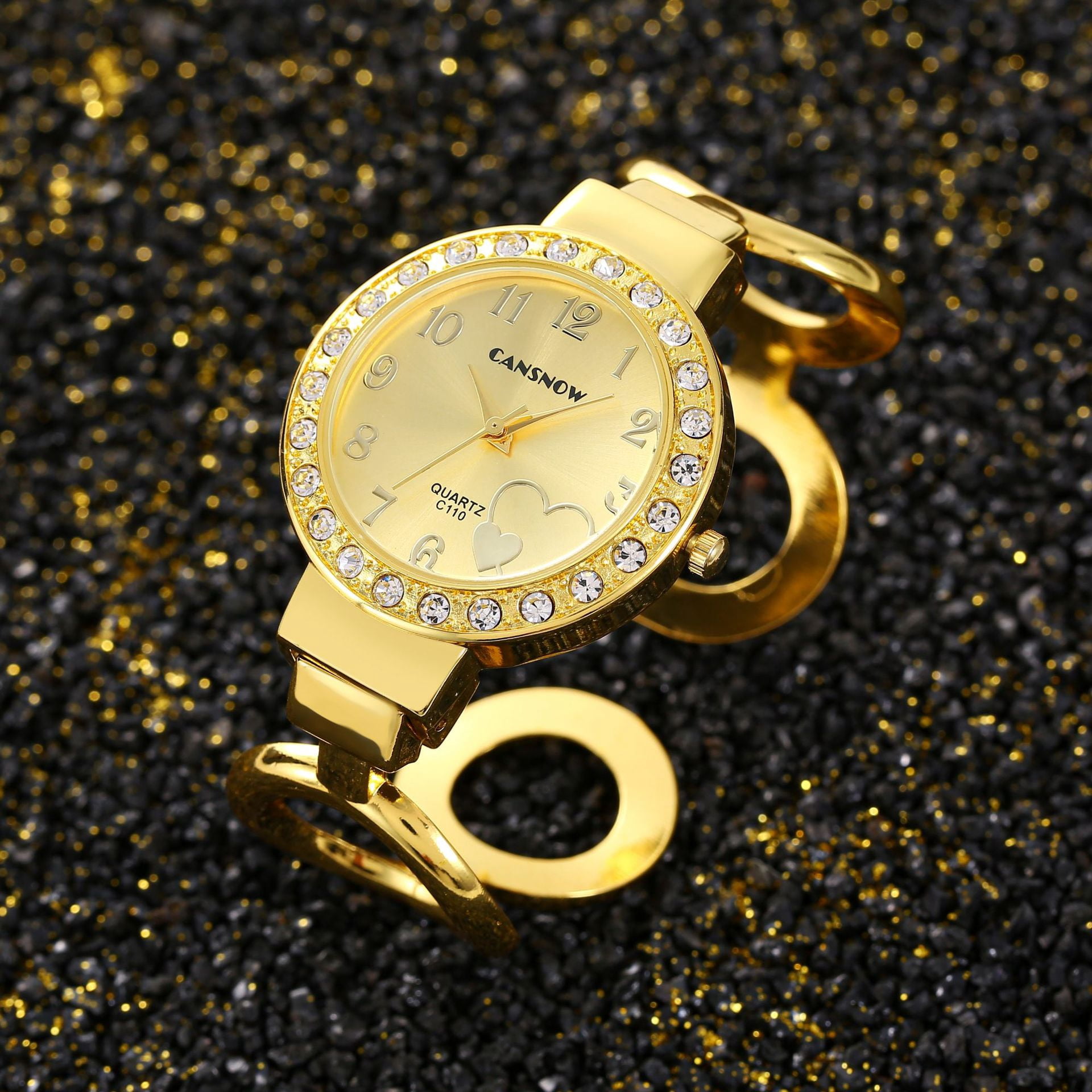 Golden Crystal Bracelet Watch for Women Golden Dial Quartz Bangle Watch ...
