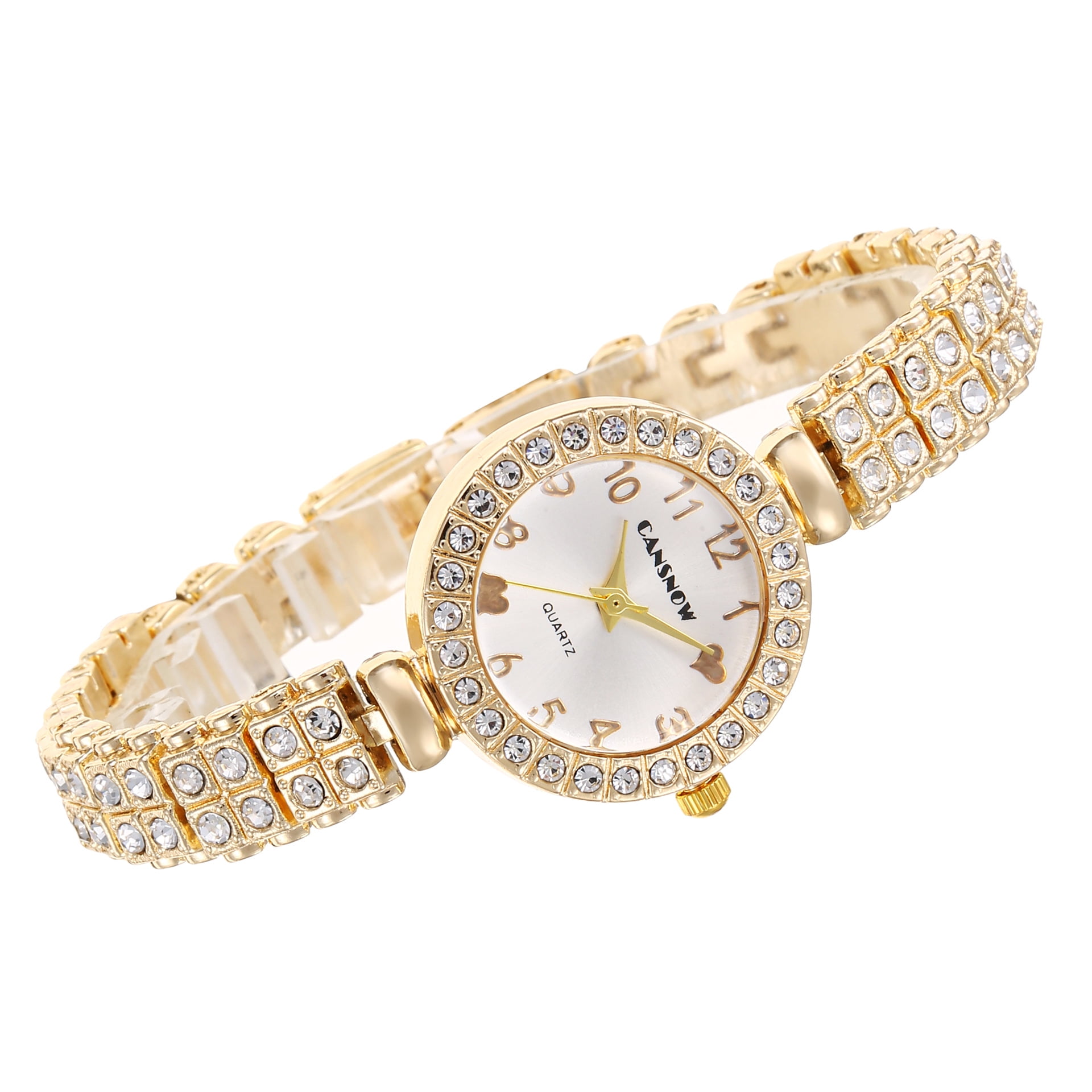 Golden Crystal Bracelet Watch for Women White Dial Quartz Wristwatch ...