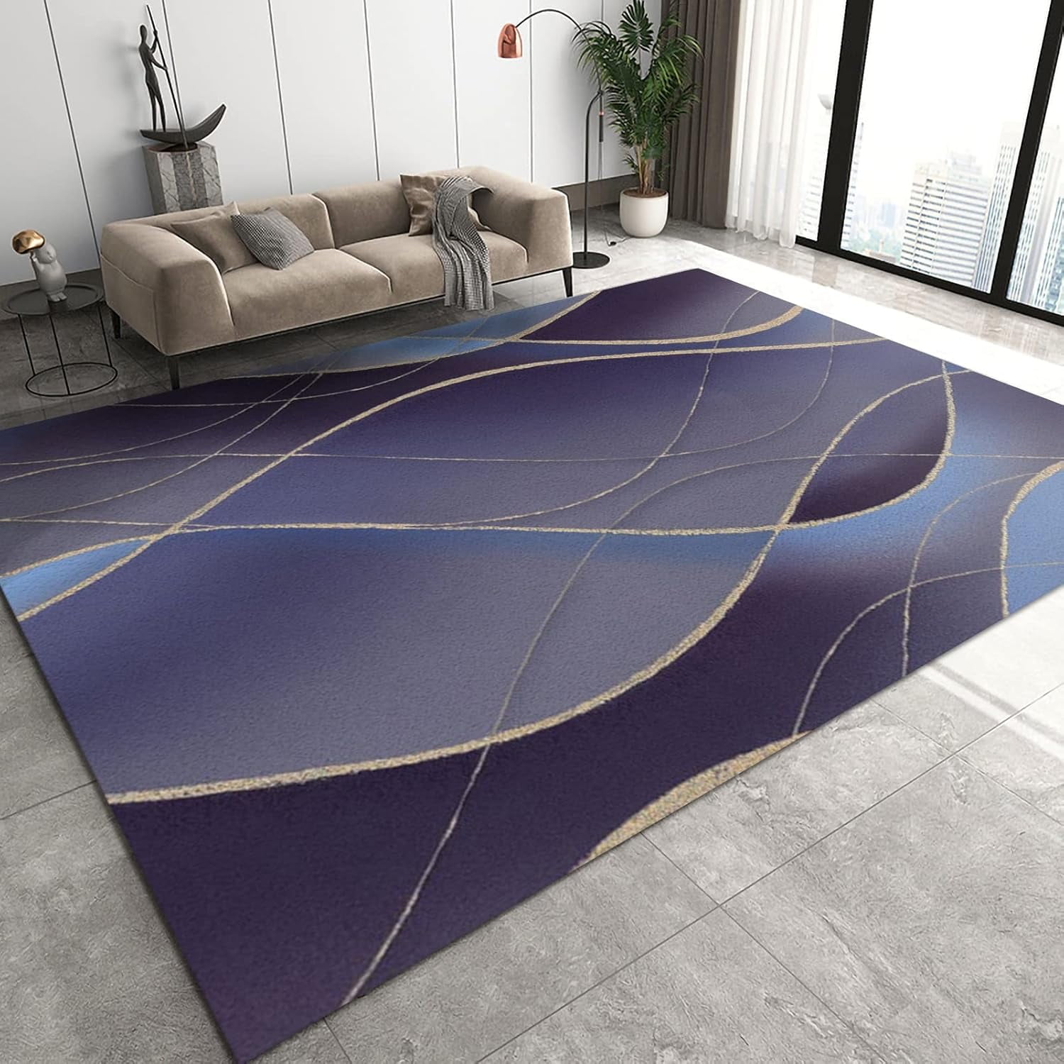 Golden Curved Line Area Rugs, Marble Background Carpet, Porch Mat High ...