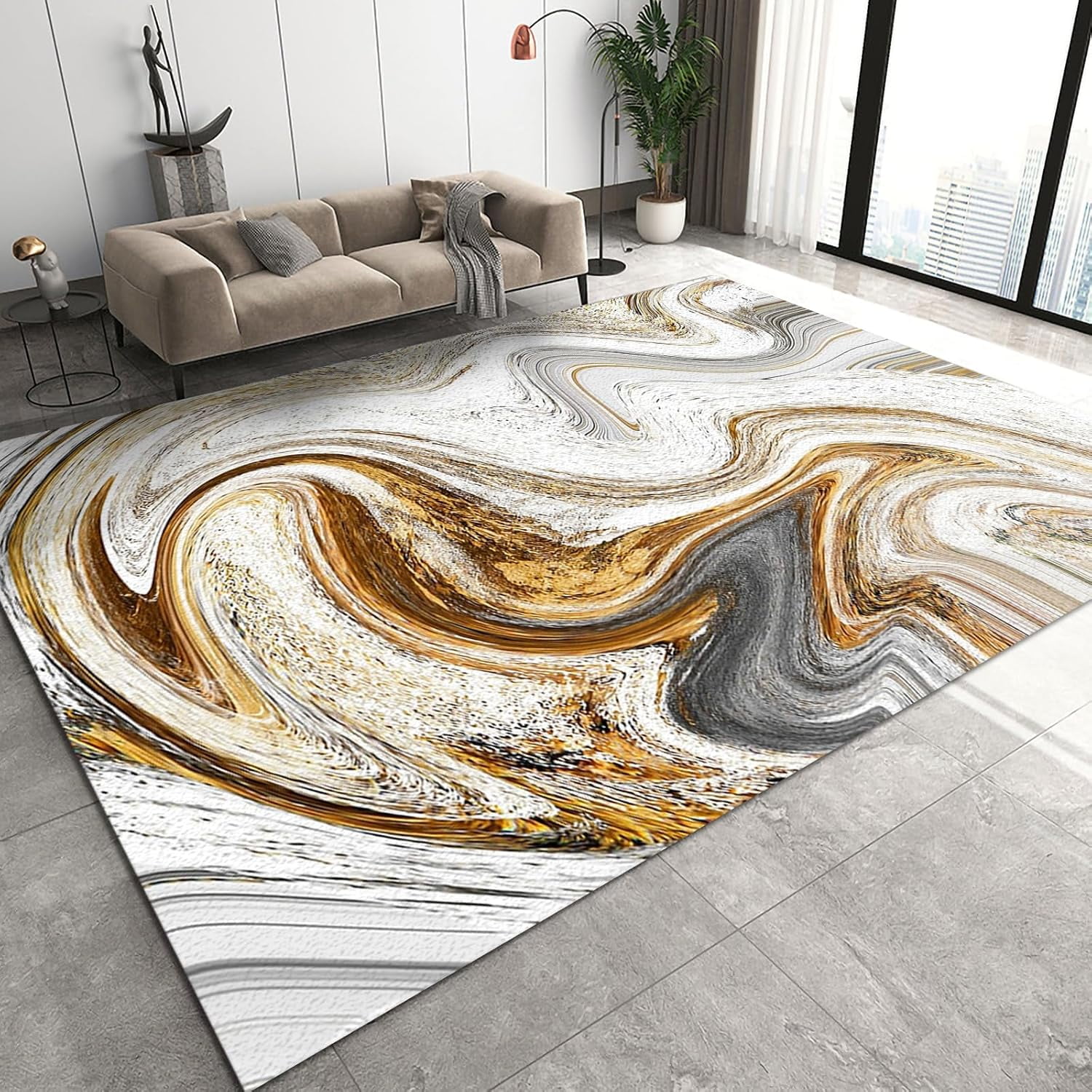 Golden Curved Lines Area Rugs, 3D Modern Retro White Living Room Carpet ...