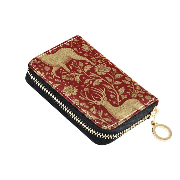 Golden Deer Flowers Symmetrical Christmas Women's Credit Card Holder PU ...