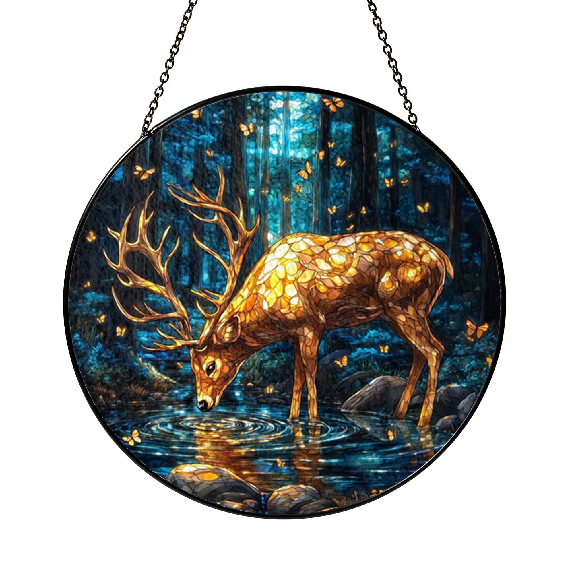 Golden Deer Window Hanging Decor, Stained Glass Style Fantasy Nature ...