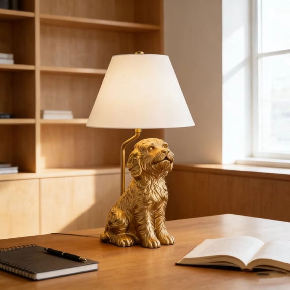 Golden Doodle Dog Resin Table Lamp with White Linen Shade, Cute Desk ...