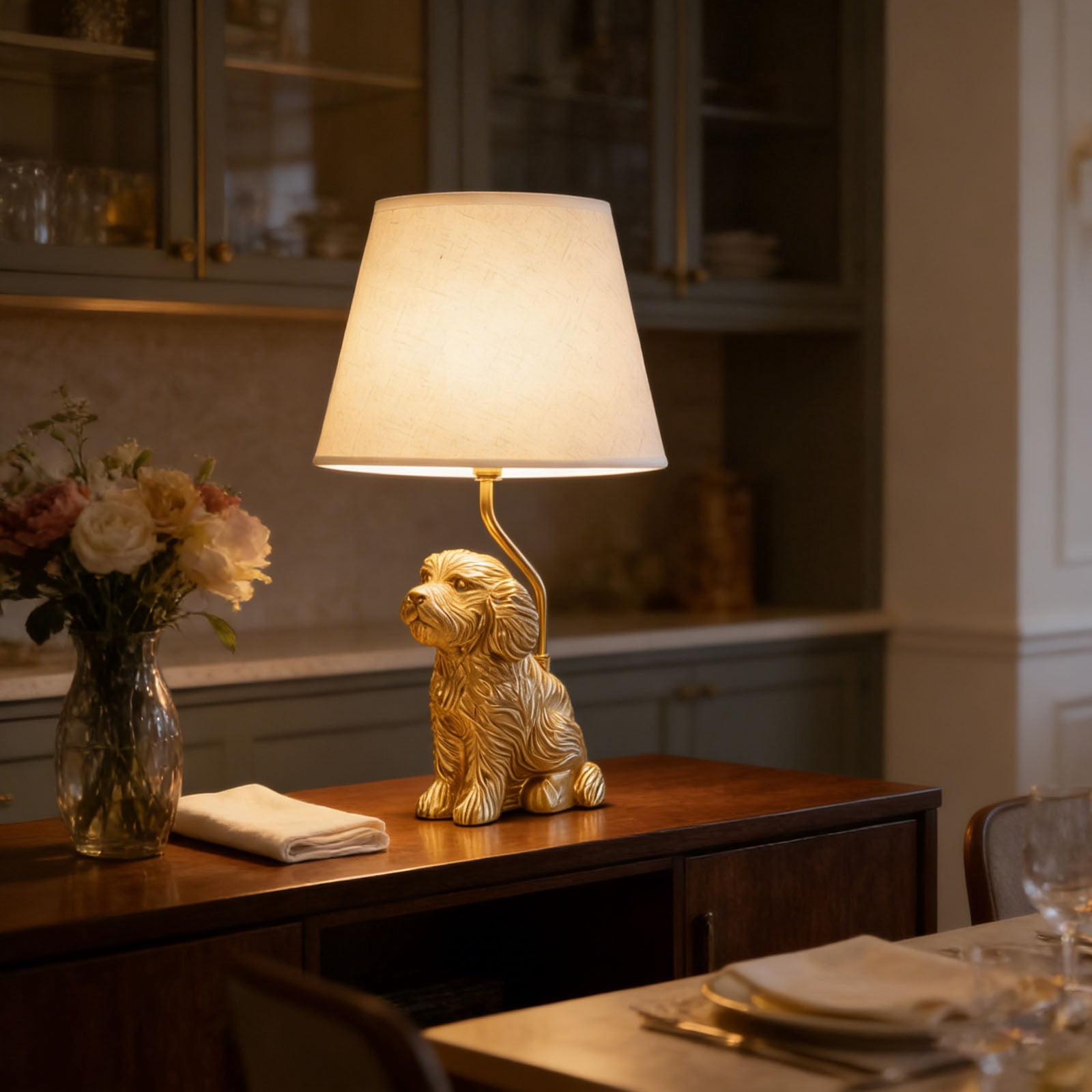 Golden Doodle Dog Resin Table Lamp with White Linen Shade, Cute Desk ...