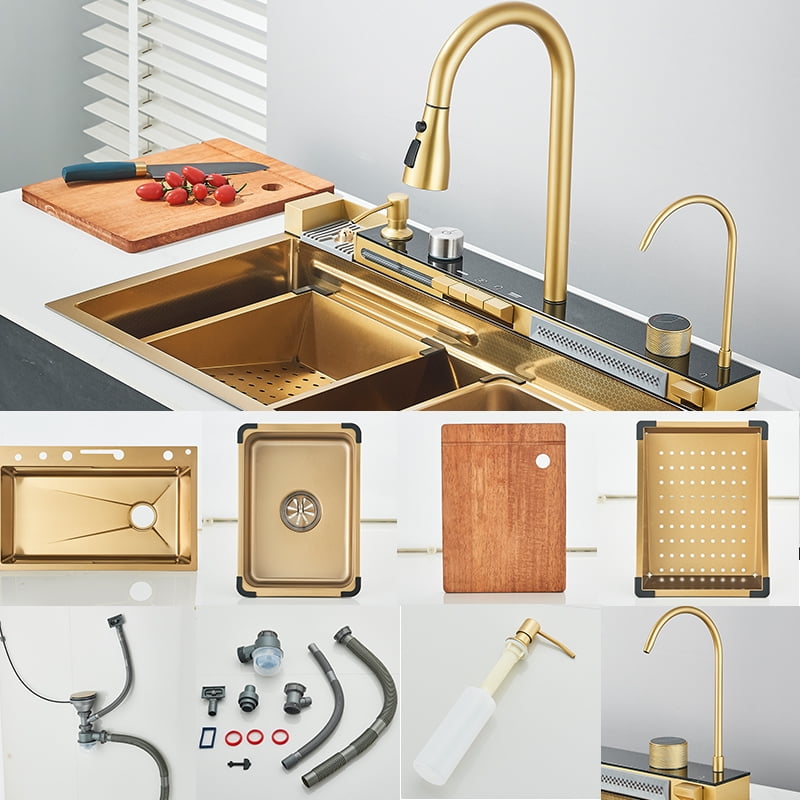 Golden Double Waterfall Sink Stainless Steel Kitchen Sink Embossed ...