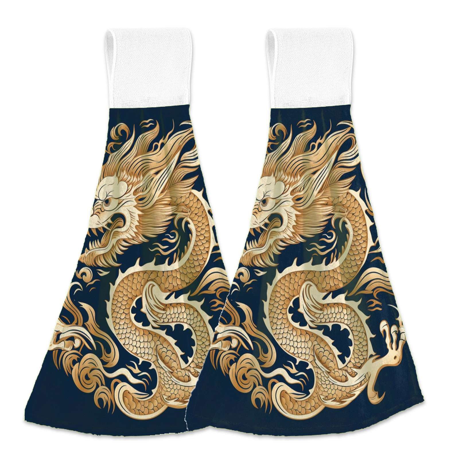 Golden Dragon Illustration Hanging Kitchen Hand Towels Sets with Loop ...