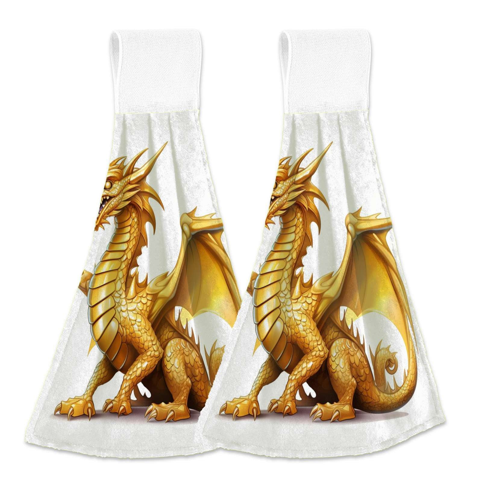 Golden Dragon Illustration Hanging Kitchen Hand Towels Sets with Loop ...