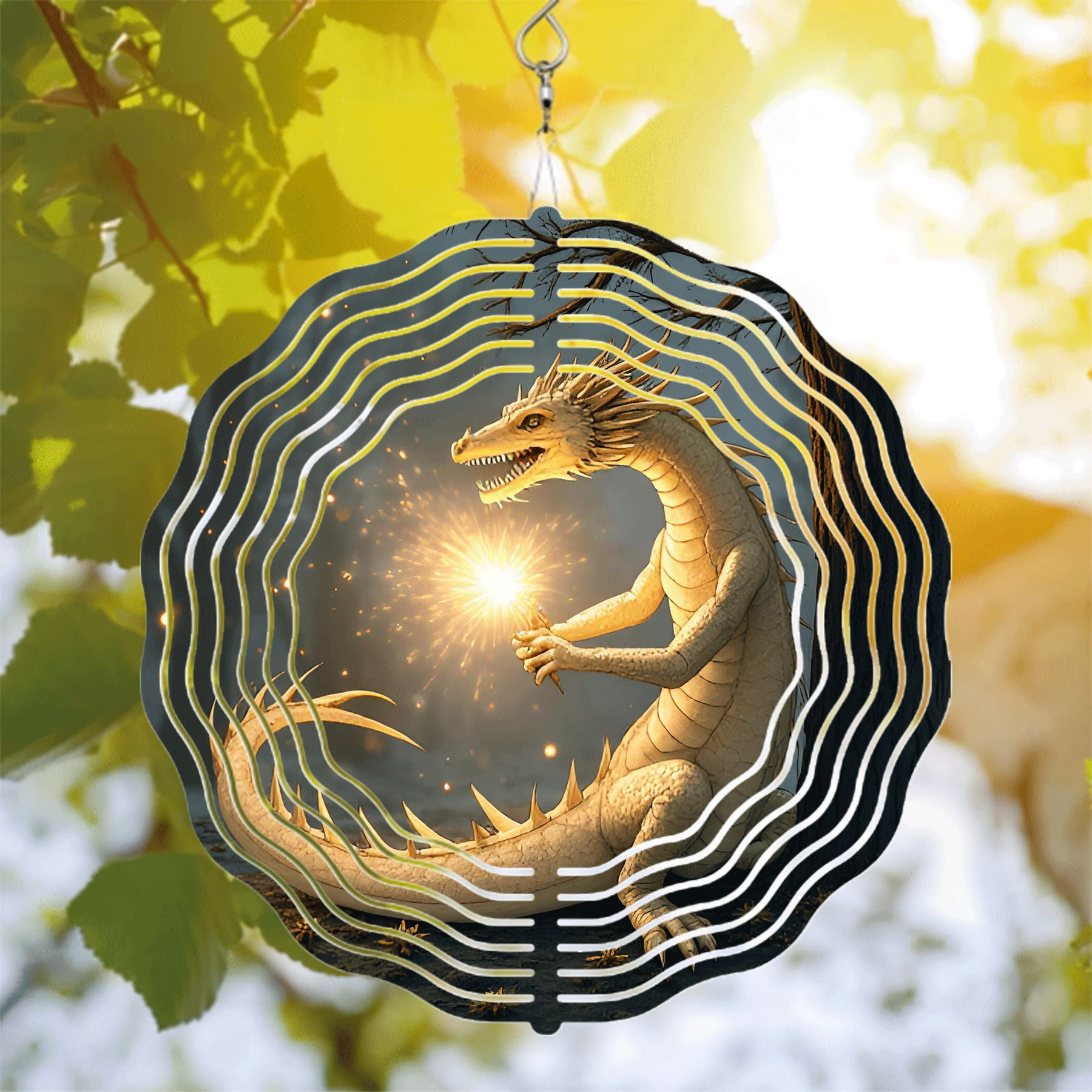 Golden Dragon Metal Wind Spinner with Mystical Circular Patterns ...