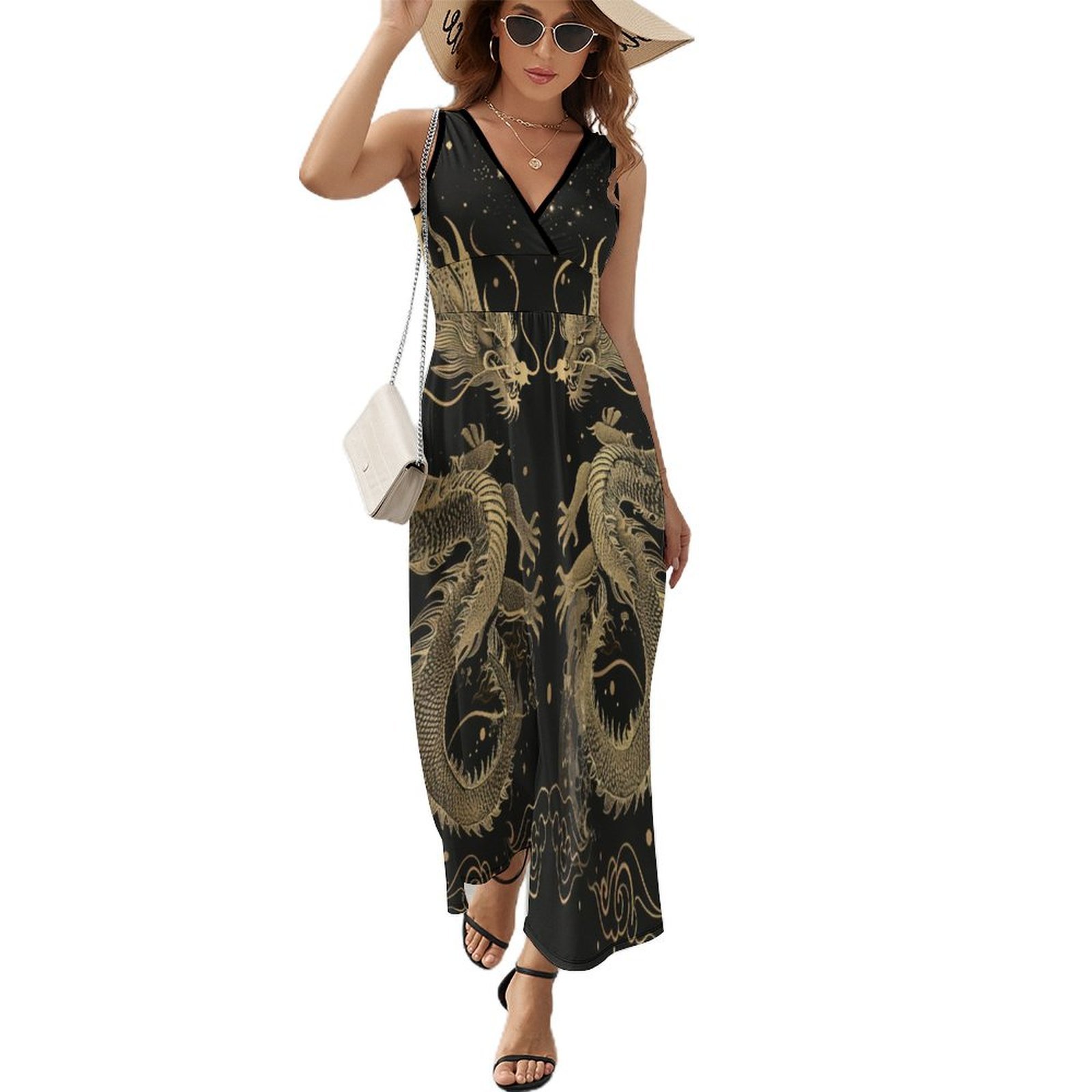 Golden Dragons Facing Each Other Dress Fashion Boho Beach Long Dresses ...