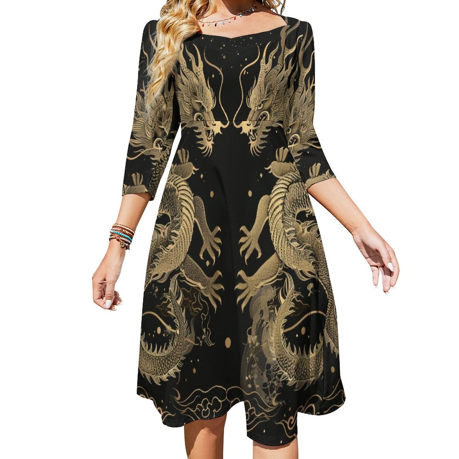 Golden Dragons Facing Each Other Dress Summer Dresses Woman Street ...