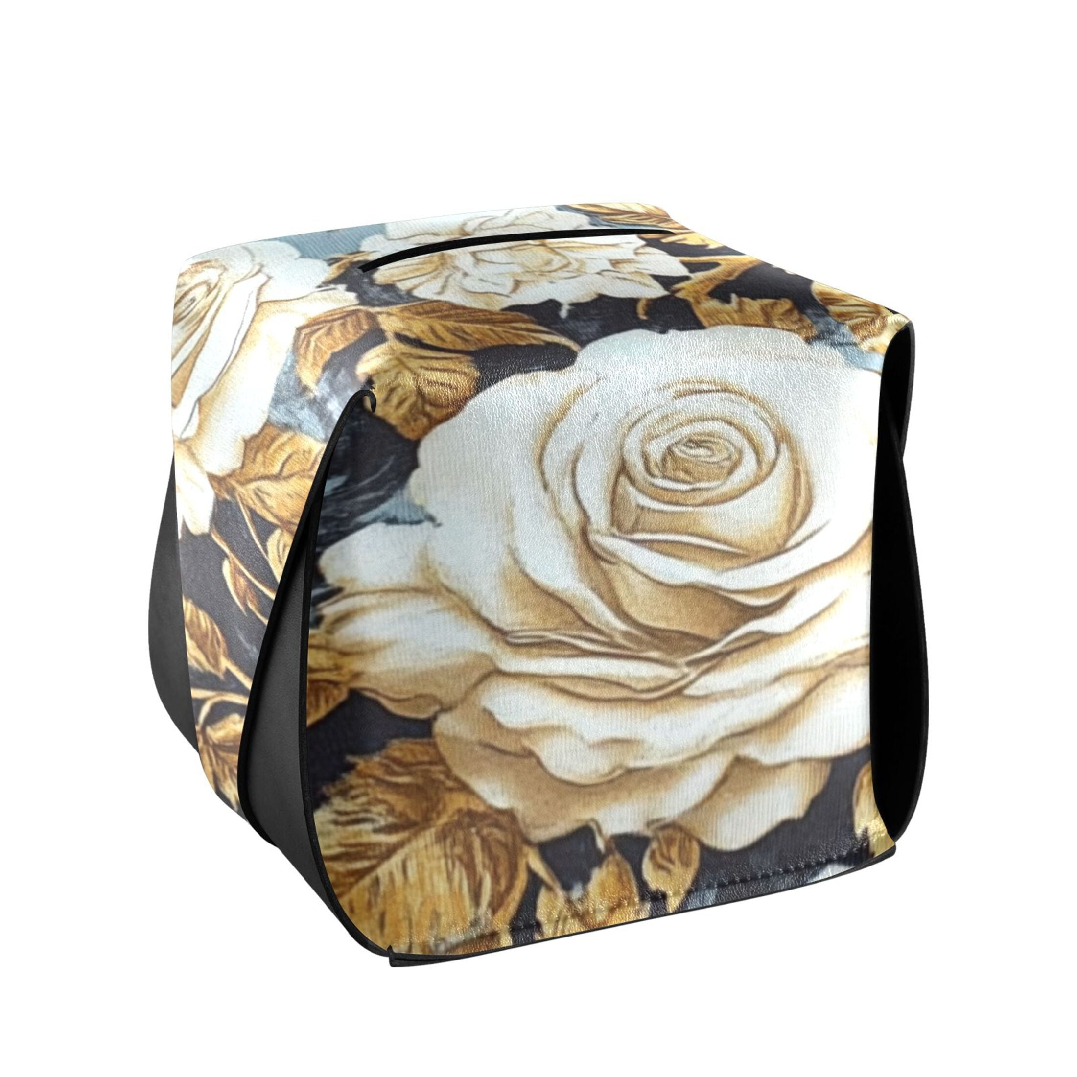 Golden Elegant Flowers Tissue Box Cover Leather Square Rectangle Tissue ...