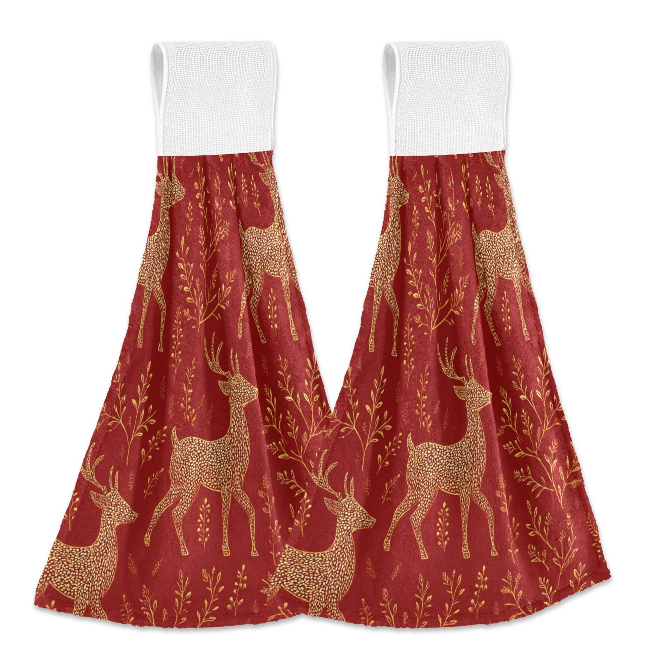Golden Elk Leaves on Red Background Christmas Hanging Towels with Loop ...