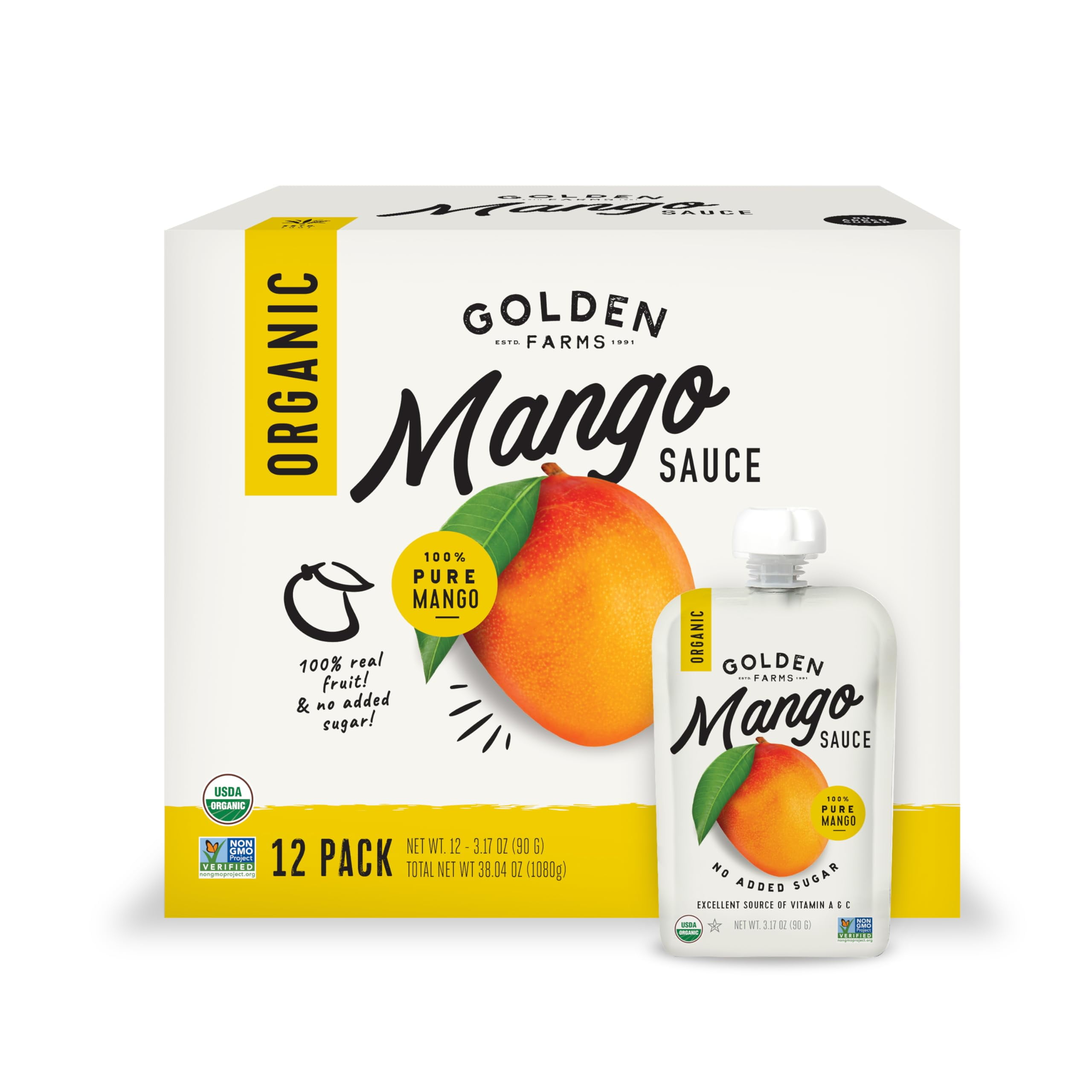Golden Farms Mango Pouches, MSF2 Single Ingredient Healthy Snacks (Pack of 12), 100% Pure Fruit ...