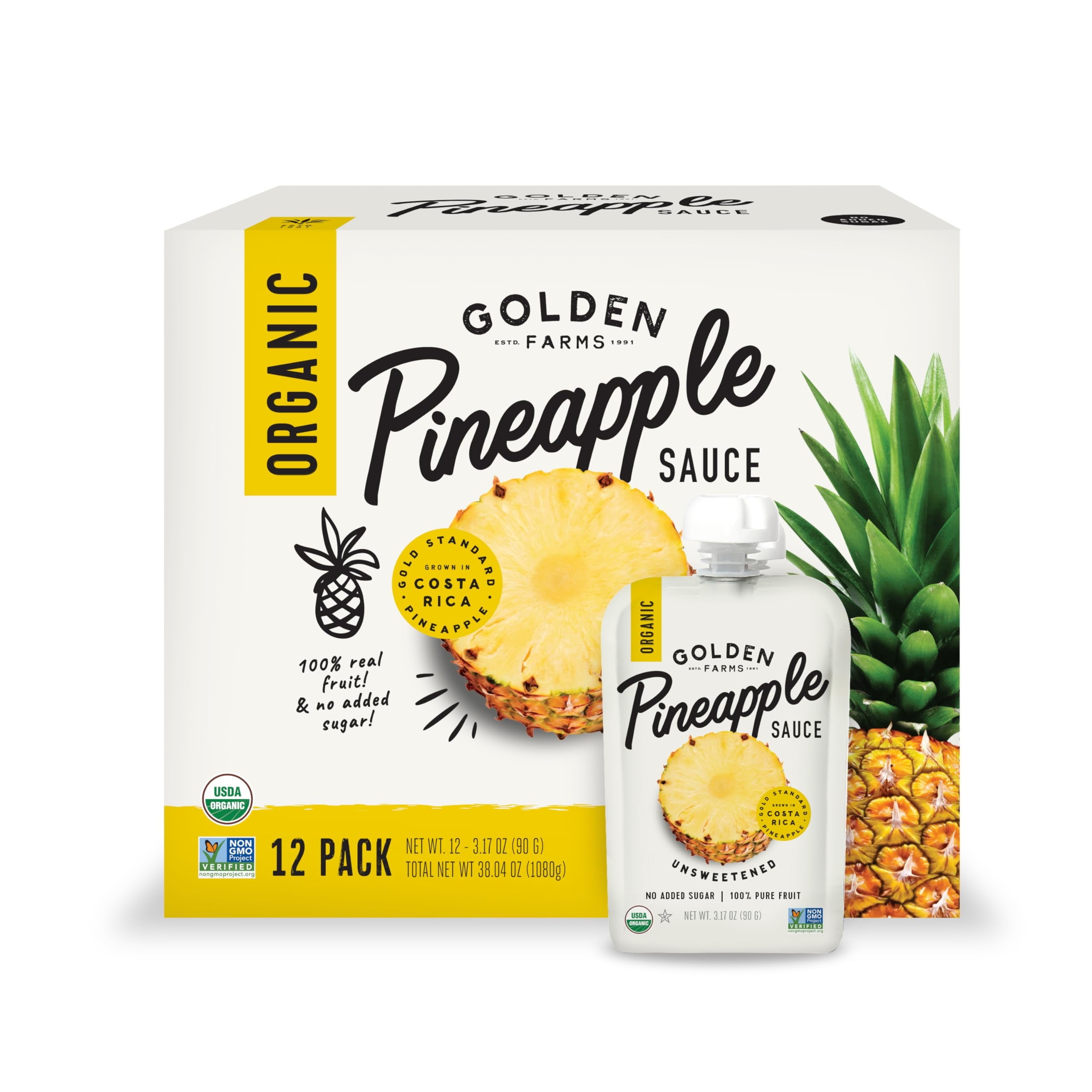 Golden Farms Pineapple Pouches, Single Ingredient Healthy Snacks (Pack of 12), 100% Pure Fruit ...