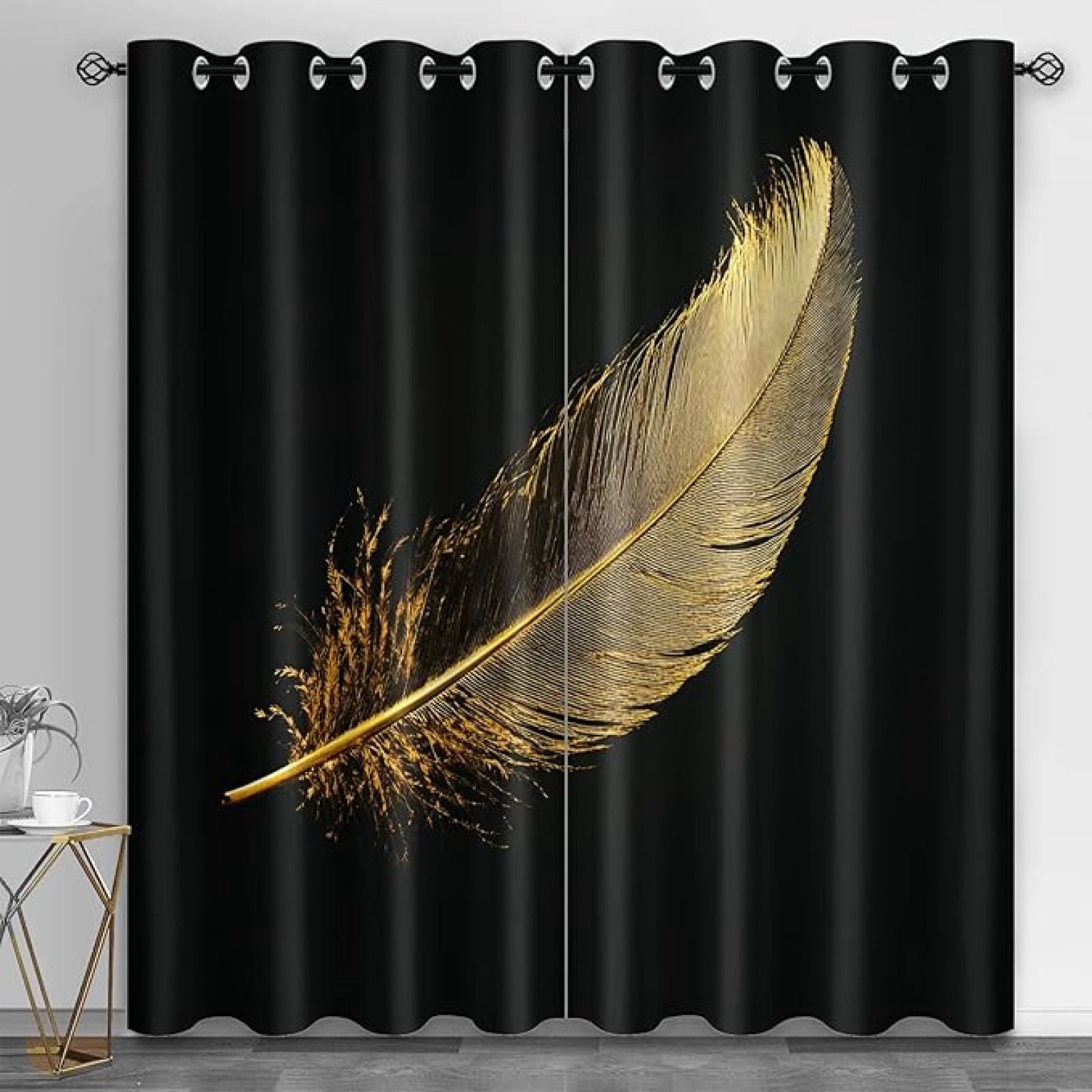 Golden Feathers Blackout Curtains for Bedroom, Black And Gold Feathers ...