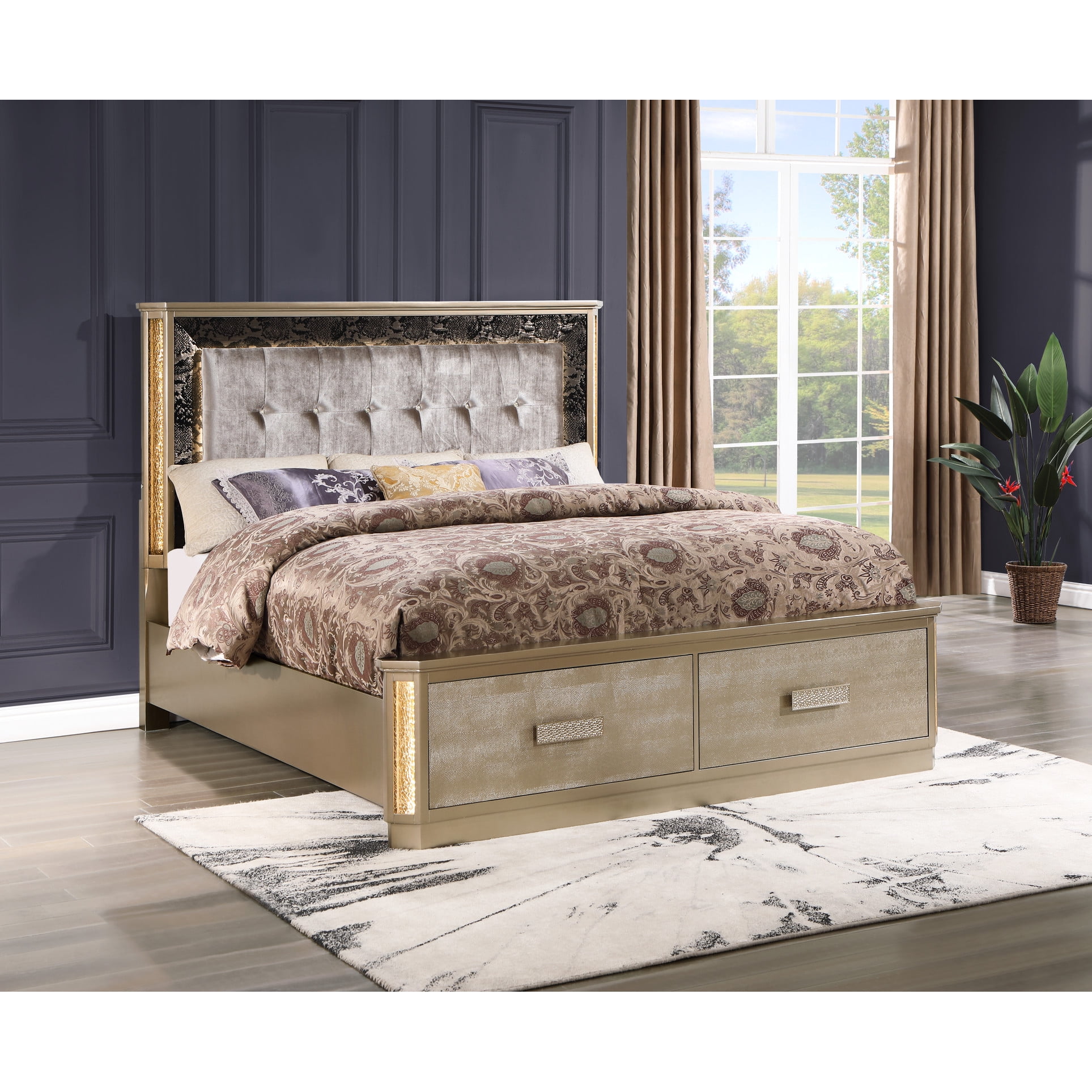 Golden Finish Queen Bed With Attractive Headboard - Wood Size In Gold ...