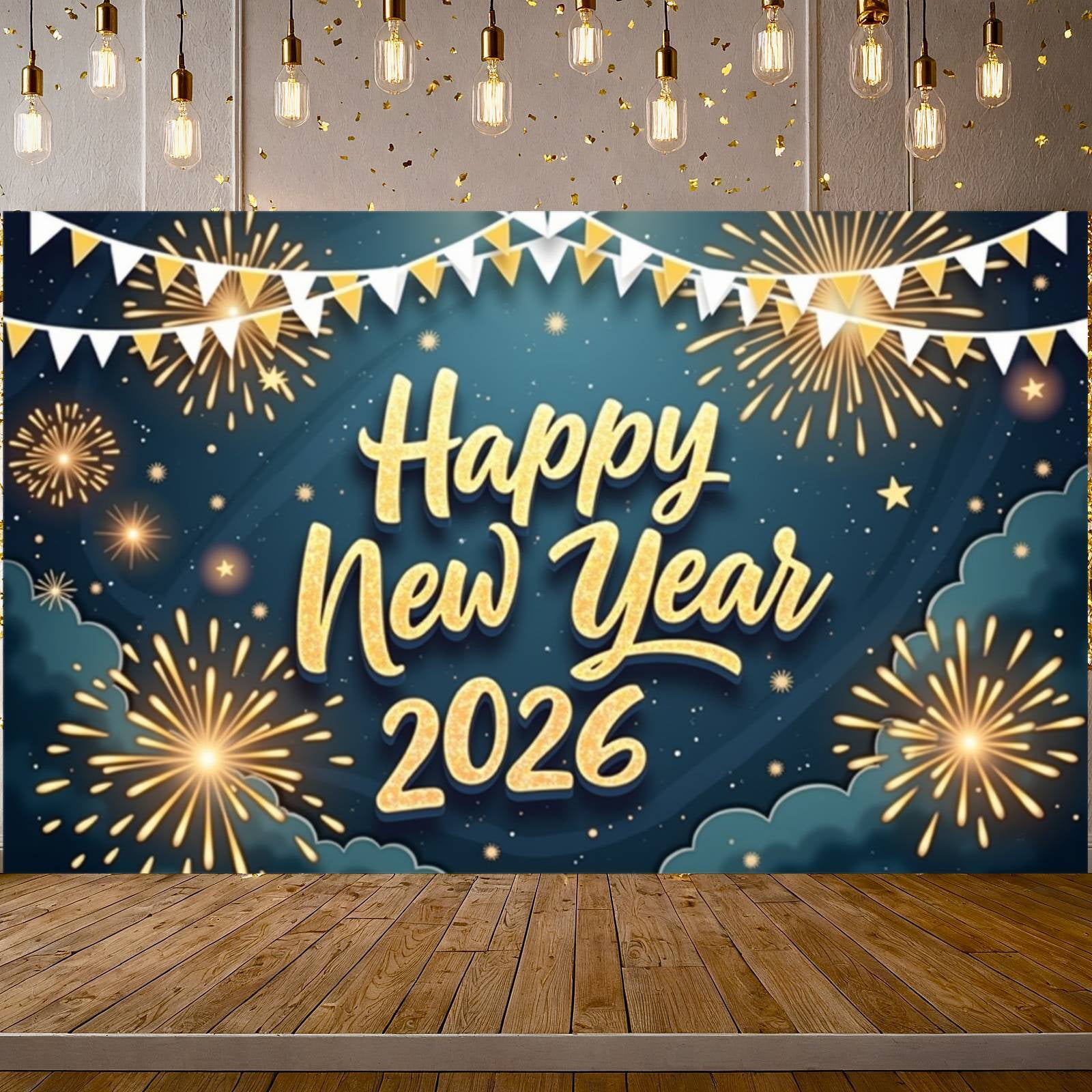Golden Fireworks Happy New Year Banner Star Decorations Festive ...