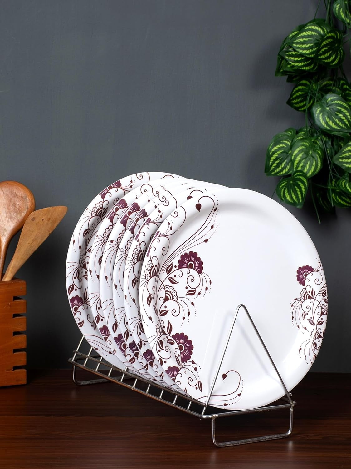Golden Fish Melamine Round White Floral Printed Full Dinner Plates Set ...
