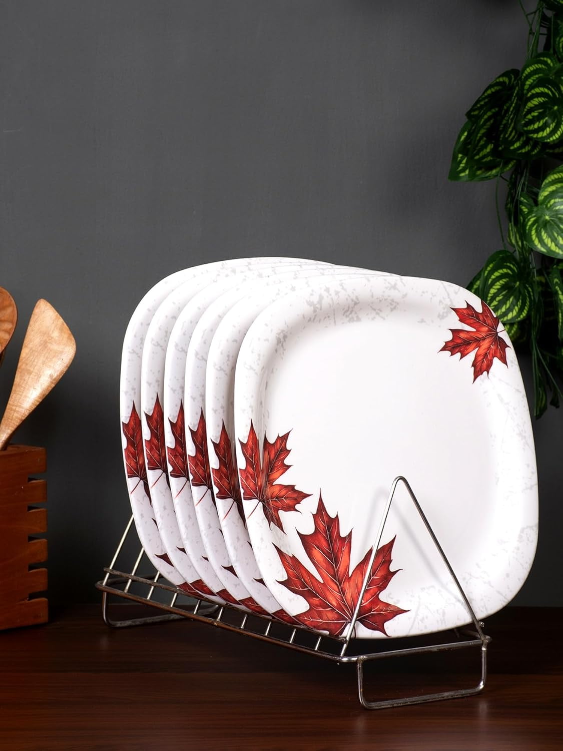 Golden Fish Melamine Square White Floral Printed Full Dinner Plates Set ...