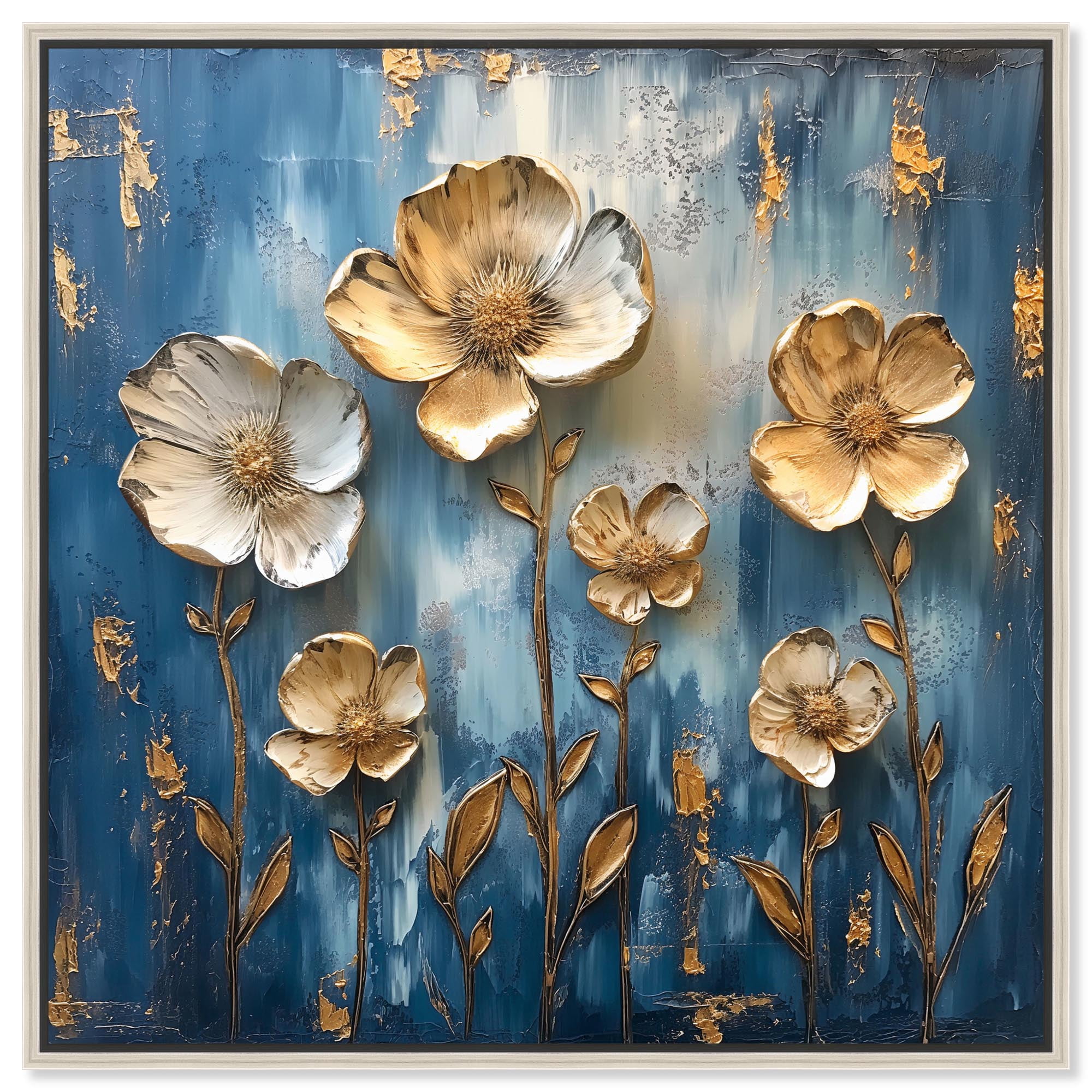 Golden Flora on Azure Canvas Elegant Floral Art by Art Remedy, Silver ...