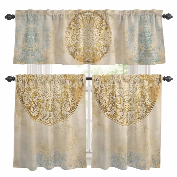 Golden Floral Kitchen Curtains Sets for Windows 24 Inch Length, Vintage ...