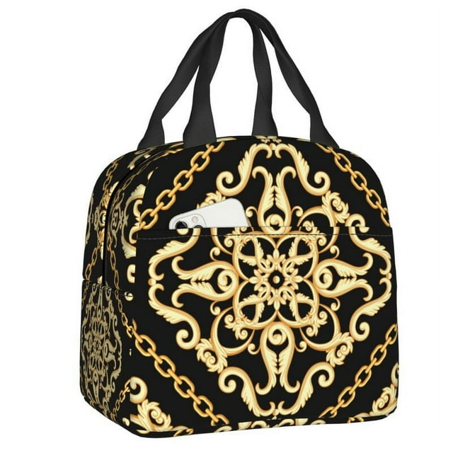 Golden Floral Ornament Seamless Pattern Thermal Insulated Lunch Bag ...