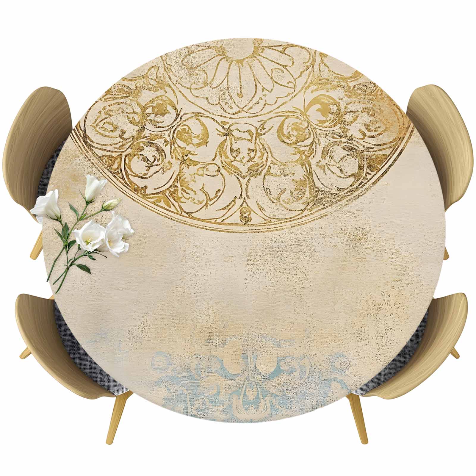 Golden Floral Round Tablecloth 36-44 Inch Round Fitted Table Cloth with ...