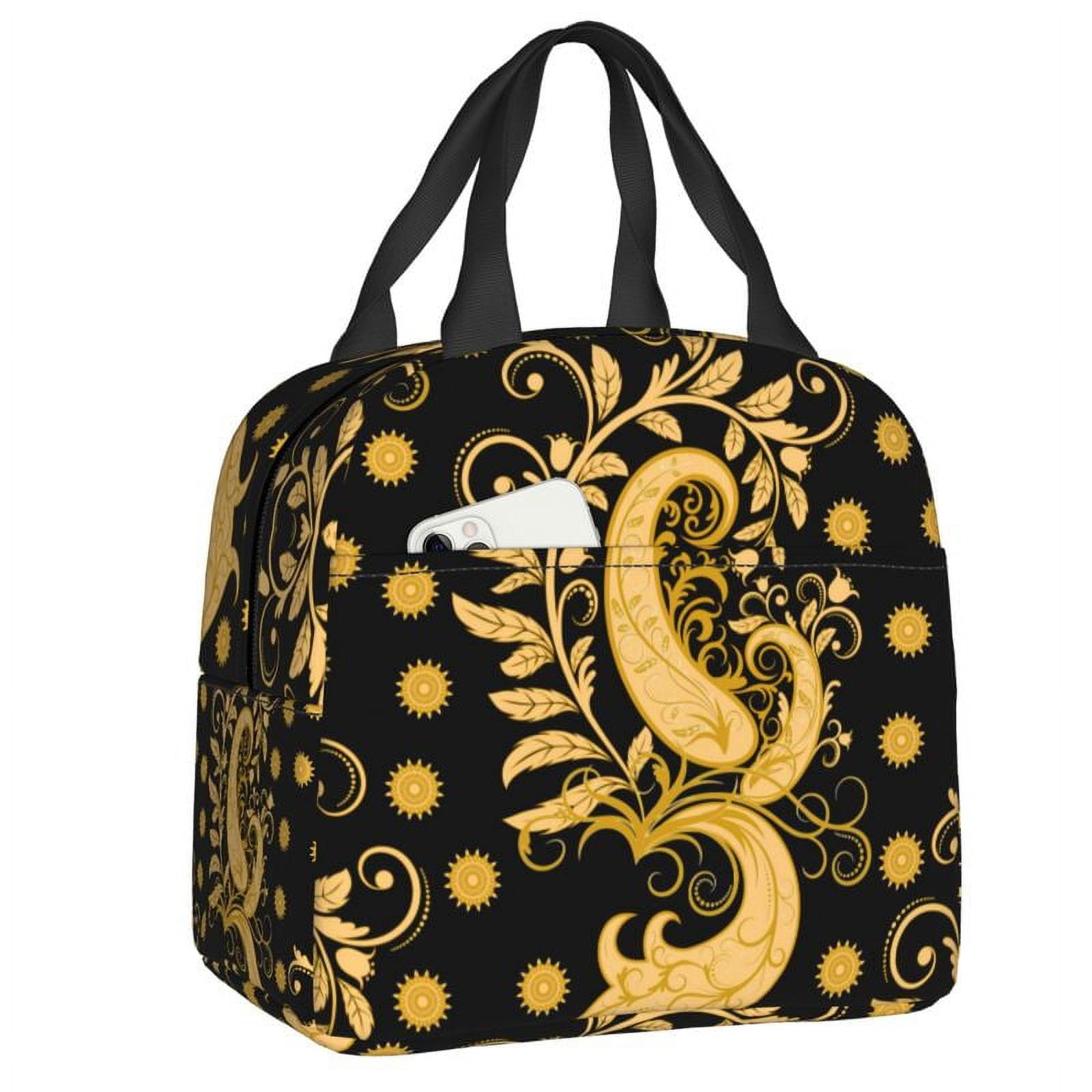 Golden Floral Seamless Insulated Lunch Bag for Women Leakproof European ...