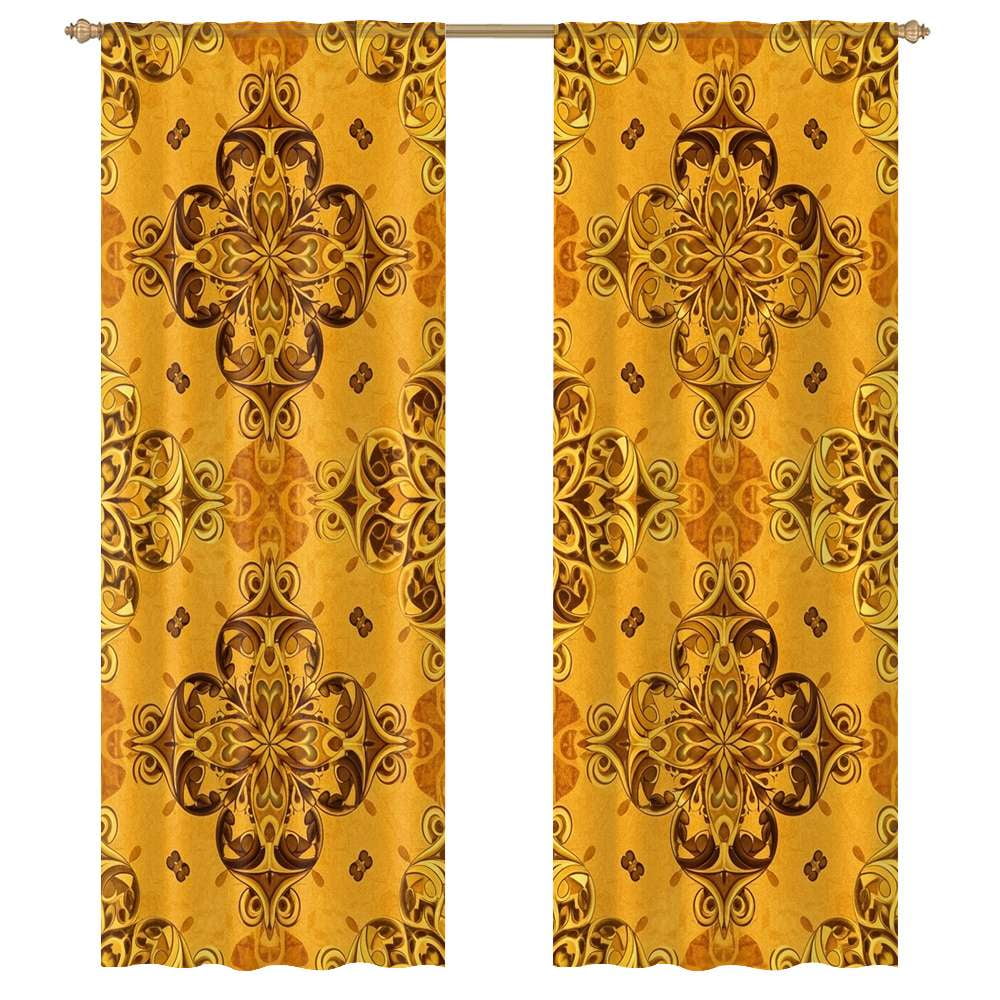 Golden Floral Tiles Pattern Tulle Curtains For Living Room Chiffon ...