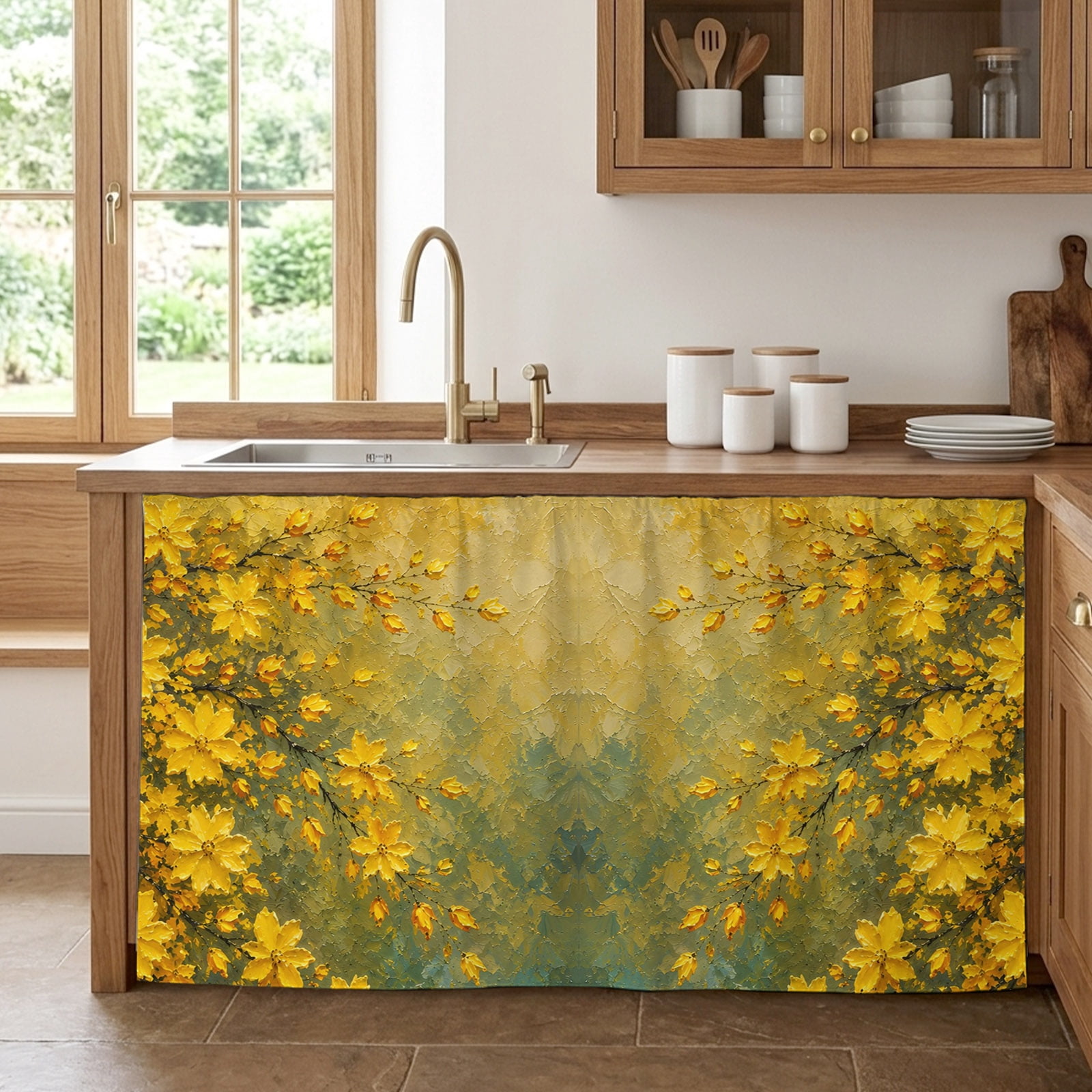 Golden Flower Cabinet Curtains for Kitchen 32"Wx55"L, Yellow Fallen ...