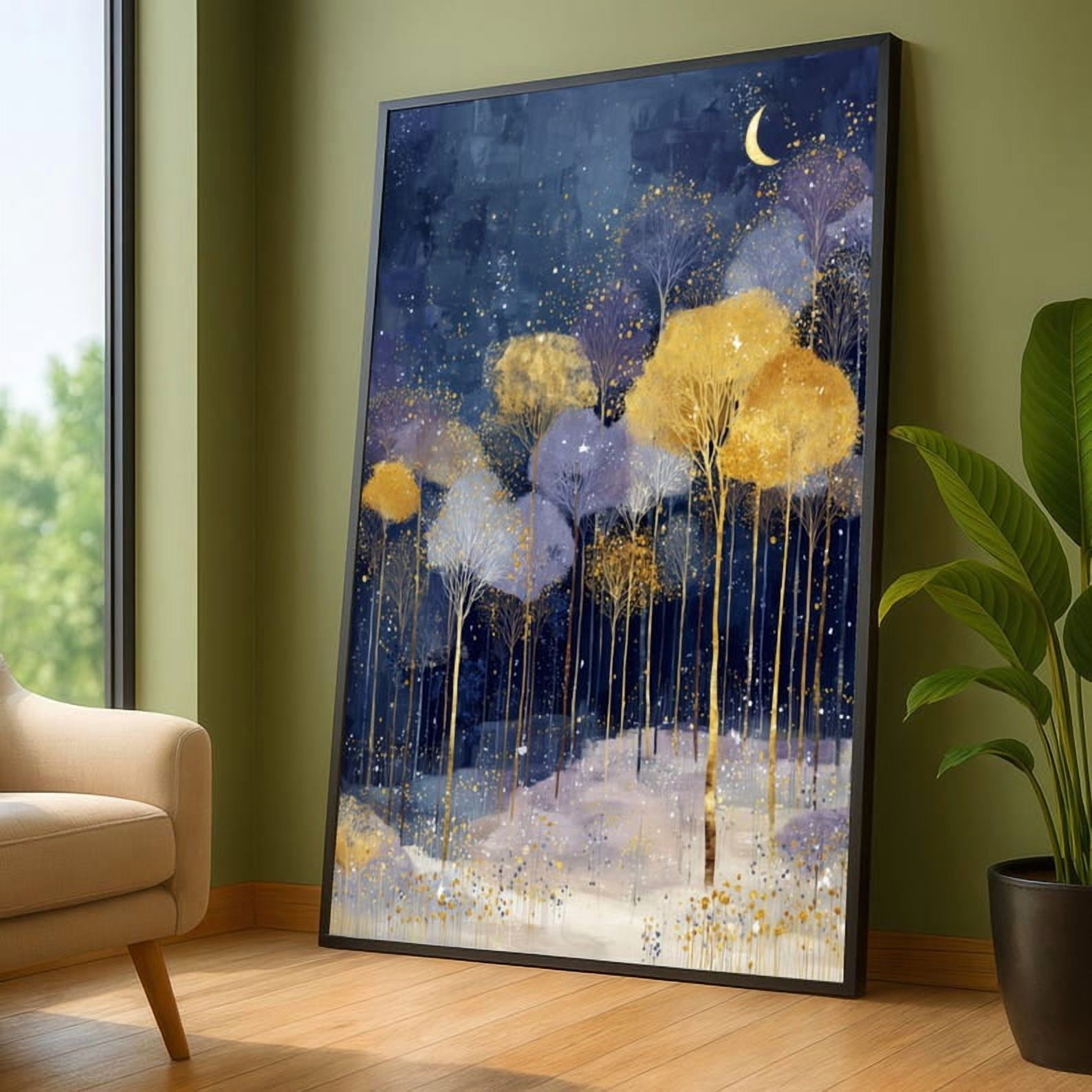 Golden Forest Canvas Art, Moonlit Woodland, Blue Gold Wall Décor 16X24 ...