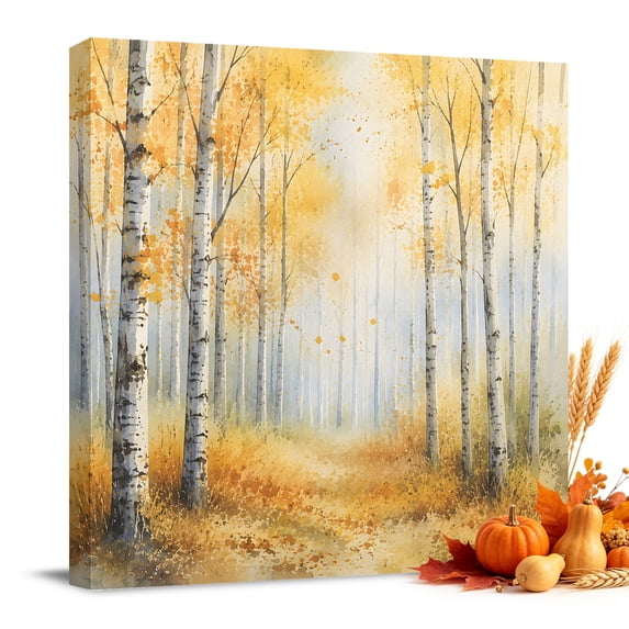 Golden Forest Canvas Wall Art, Fall Misty Yellow Tree Amber Leaf Birch ...