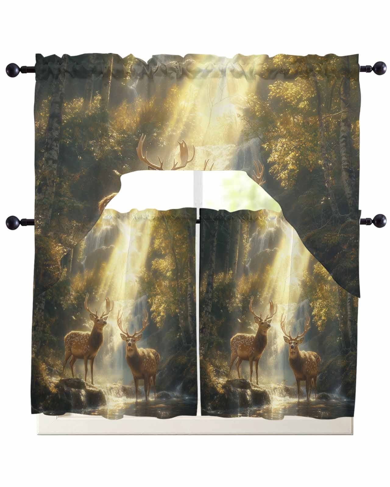 Golden Forest Deer Kitchen Curtains Sets 24 Inch Length with Valance ...