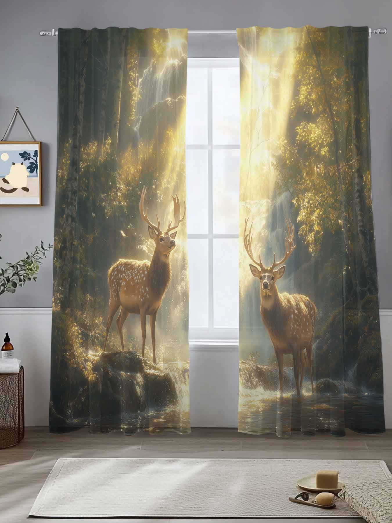 Golden Forest Deer Sheer Curtains for Living Room Bedroom Fantasy ...