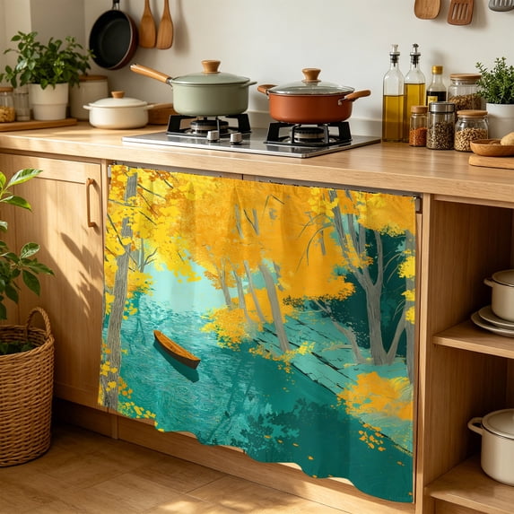 Golden Forest Lake Cabinet Curtains for Kitchen 35"W x 35"L, Rowing ...