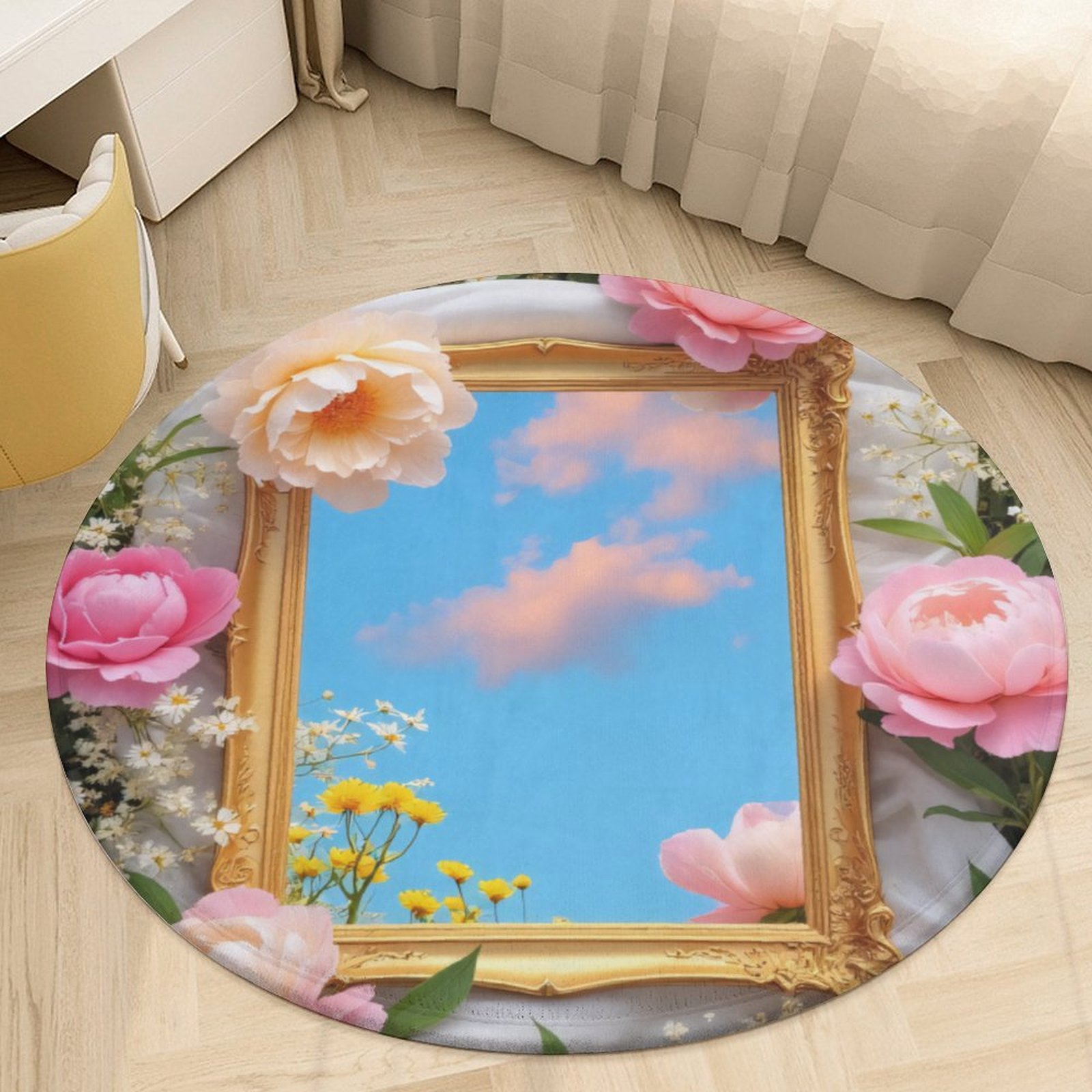 Golden Frame with Floral Border Round Area Rugs for Bedroom Living Room ...