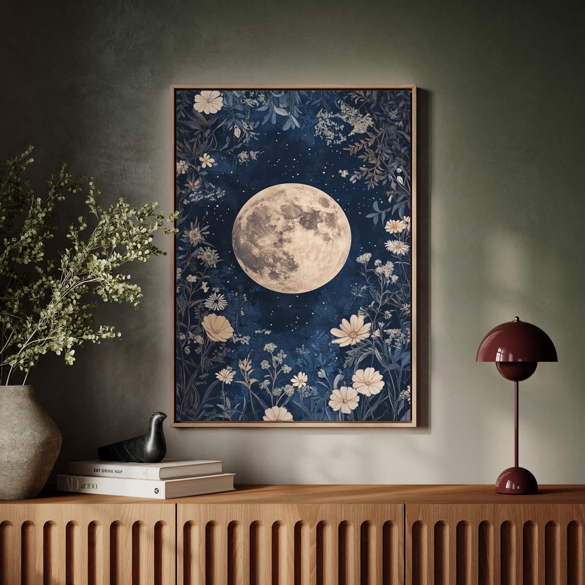 Golden Full Moon With Floral Border - Midnight Botanical Art, Starry Night Sky Poster For ...