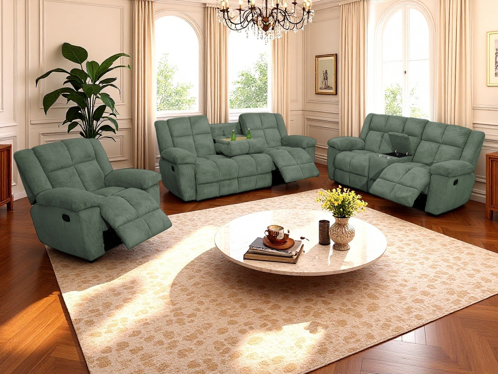 Golden Furniture Green Corduroy 3-Piece Living Room Manual Recliner ...