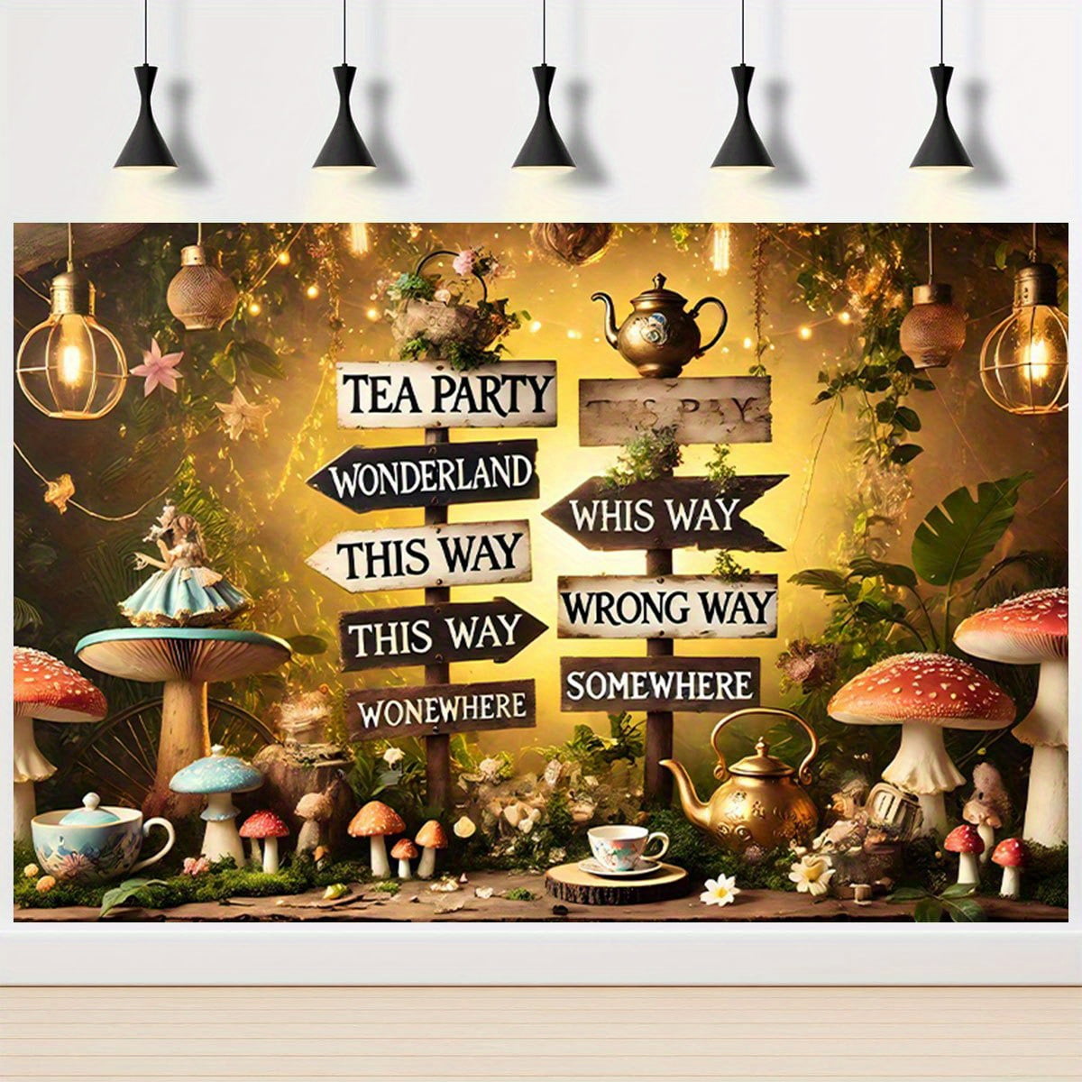 Golden Garden Tea Party Backdrop Teapot Mushrooms High Tea Themed ...