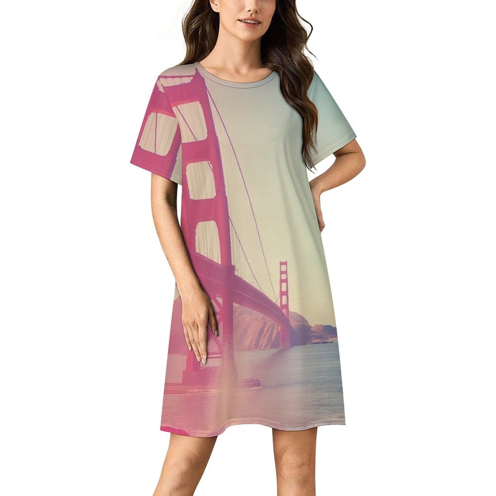 Golden Gate Bridge Sunset Women Nightgown Sleepwear Short Sleeves For ...