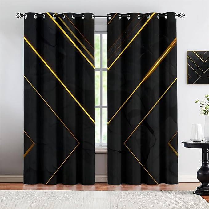 Golden Geometric Lines Blackout Curtains For Bedroom, Luxury Regular ...