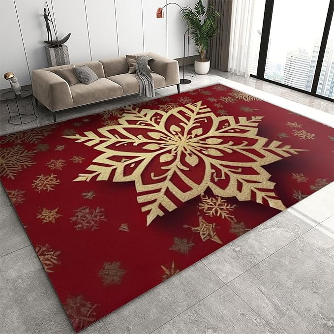 Golden Geometric Snowflakes Area Rug, Winter Christmas Red Washable ...