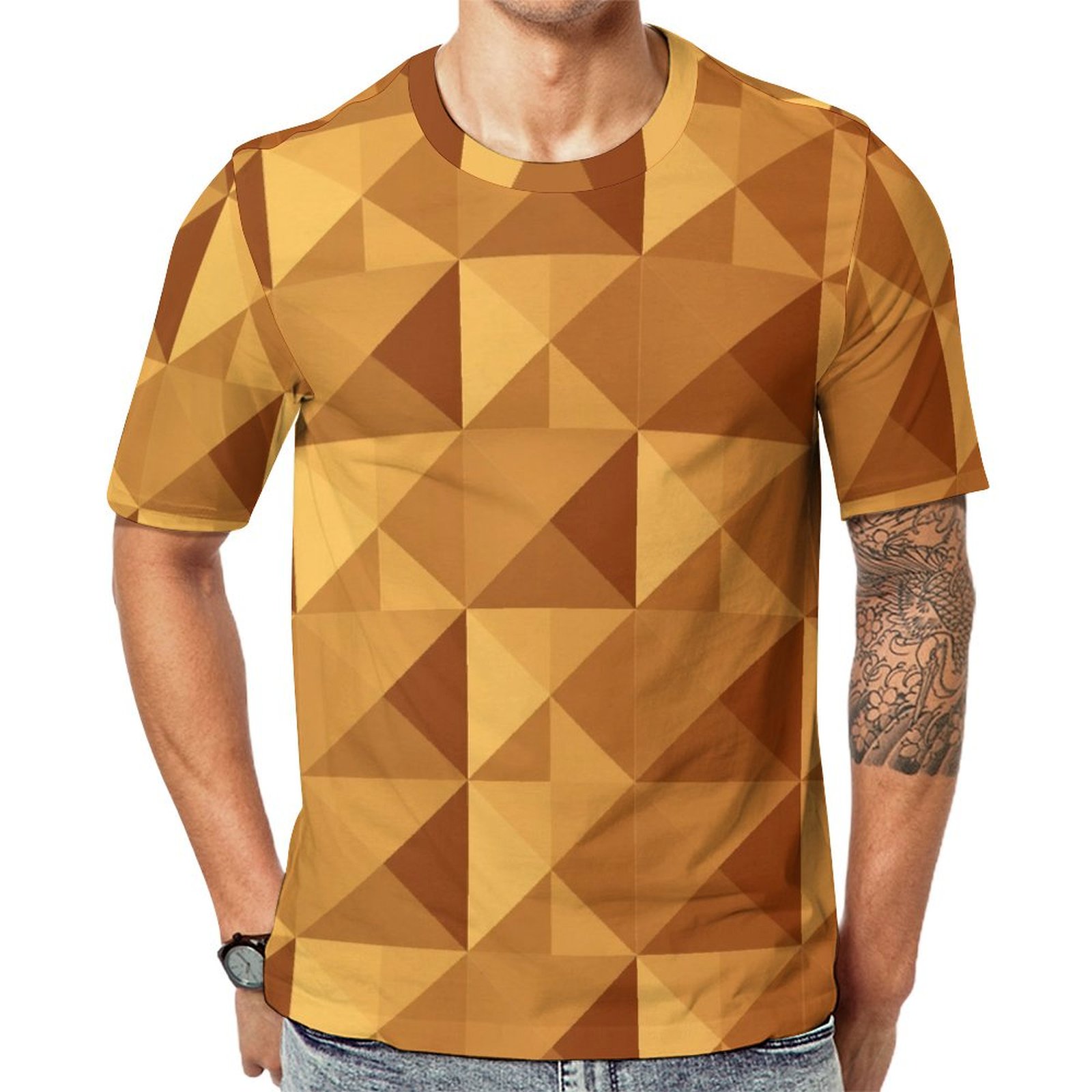Golden Geometric Triangle Pattern Background T-Shirt Man Fun Gym T ...