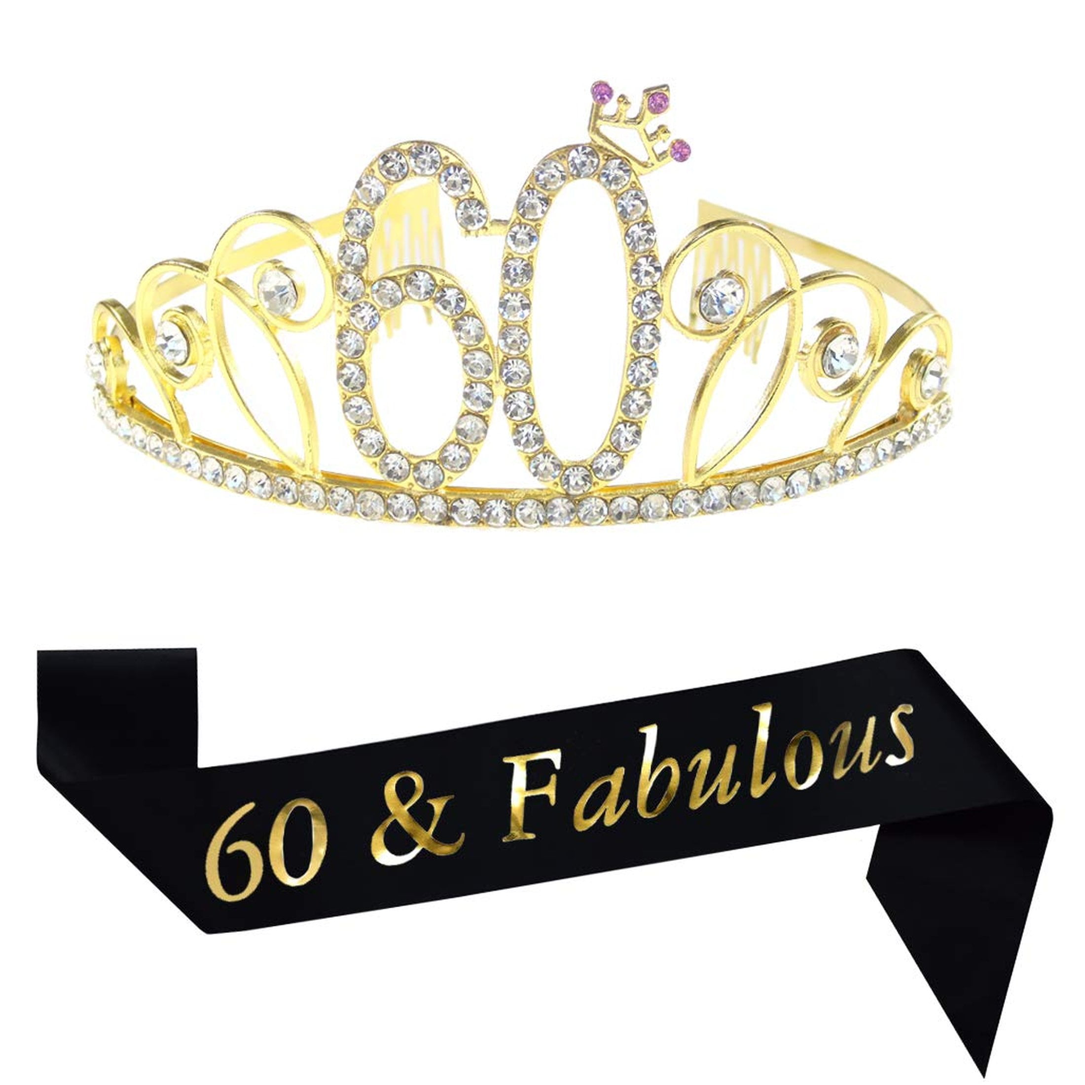 Golden Glam 60th Birthday Tiara and Sash Set, featuring a dazzling glitter sash and sparkling ...