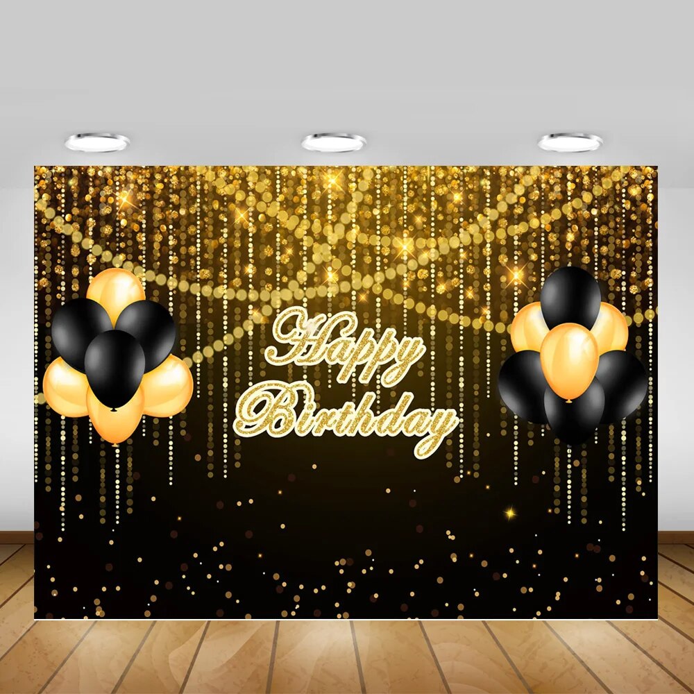Golden Glitter Happy Birthday Backdrop Photocall Bokeh Balloons Adult Birthday Party Photo ...