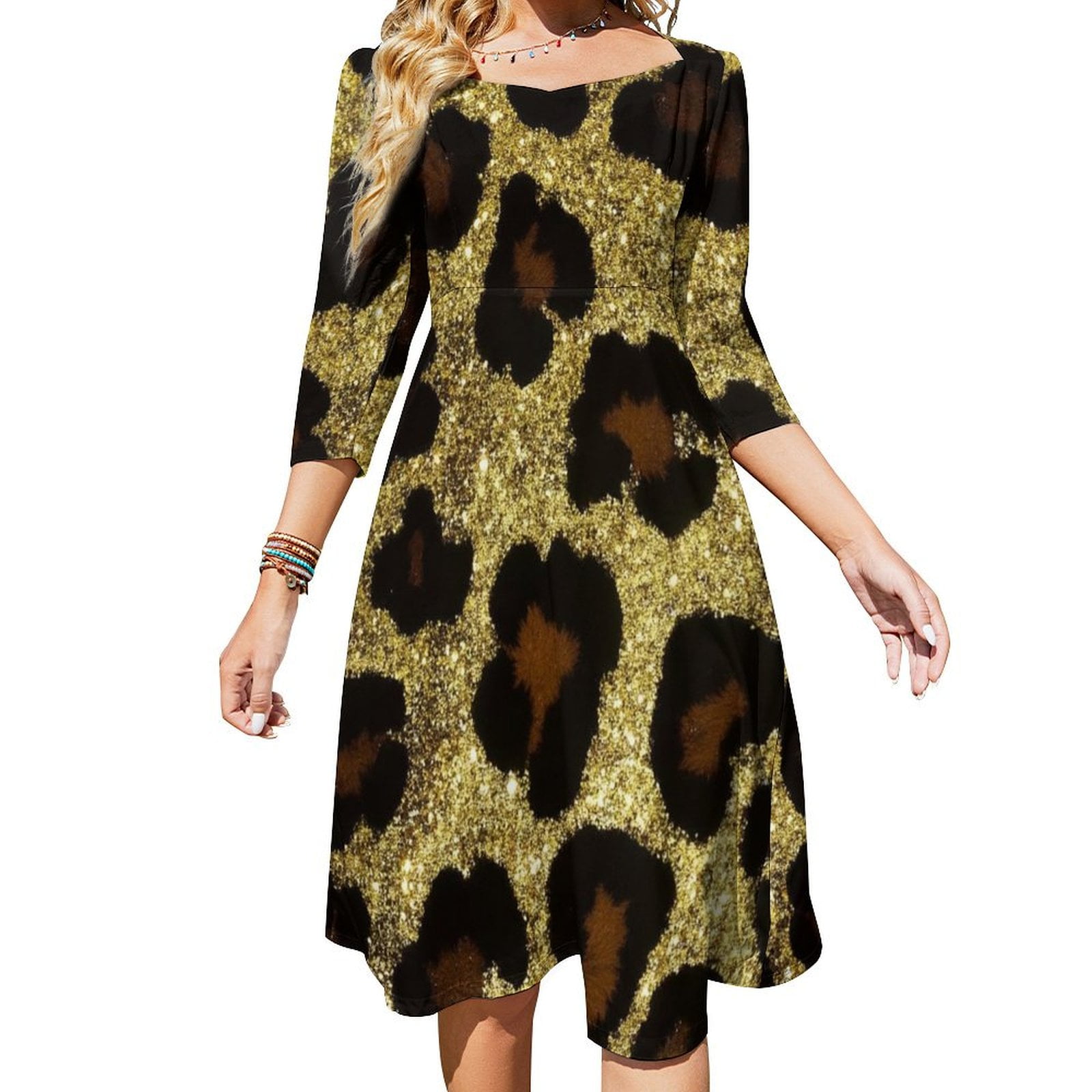 Golden Glitter Leopard Print Fabric Flare Dress Square Neck Dress ...