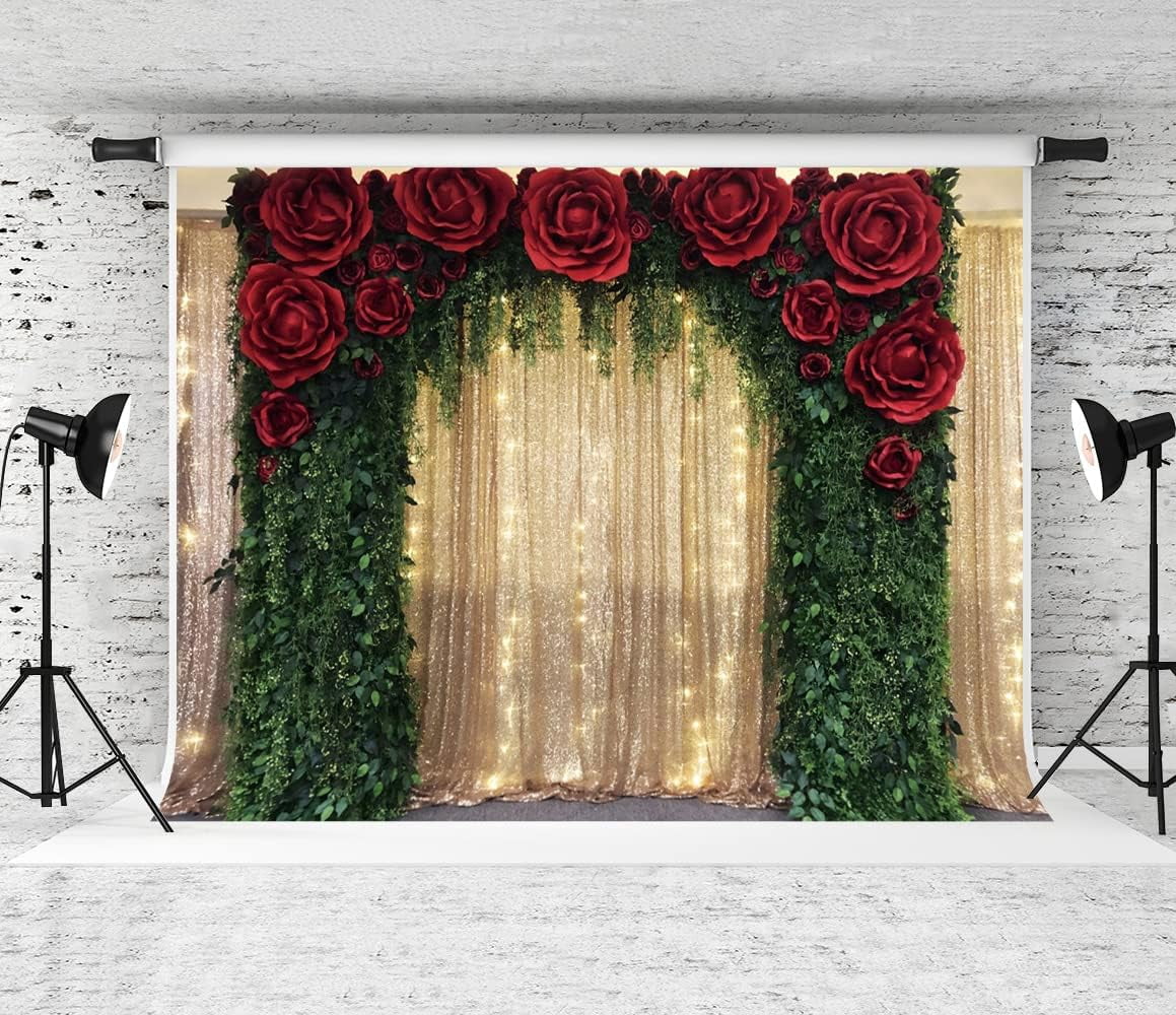 Golden Glitter Wedding Beautiful Backdrop Red Rose Green Leaves Banner ...