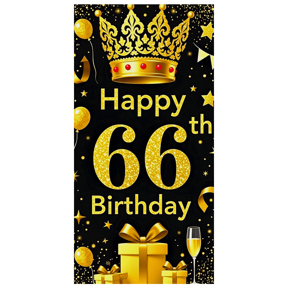 Golden Glittery 66th Birthday Banner with Crown Balloons and Gifts ...