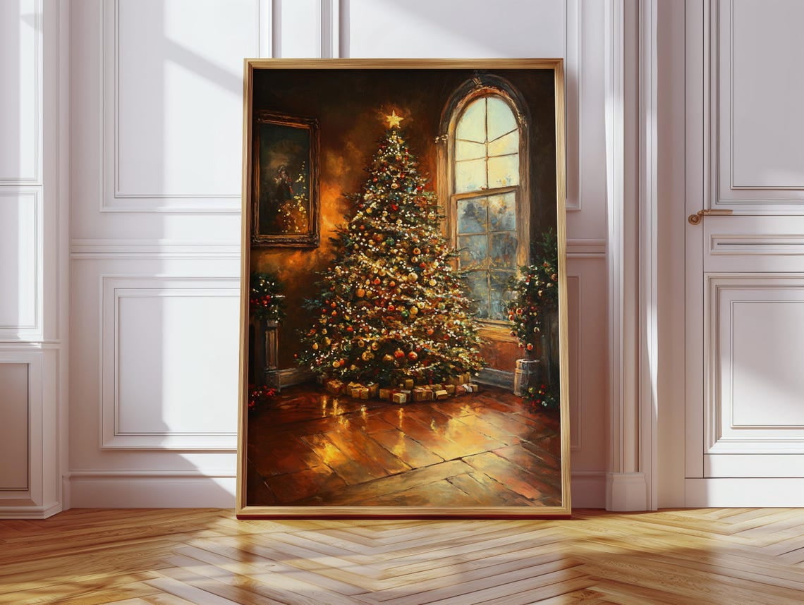 Golden Glow Tree In Vintage Room – Holiday Oil Painting With Lights ...